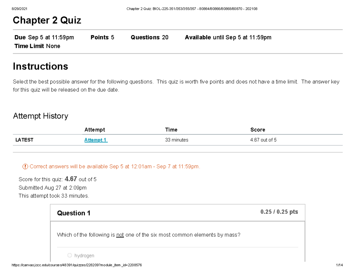 Chapter 2 Quiz - Quiz - BIOL 225 - JCCC - Studocu