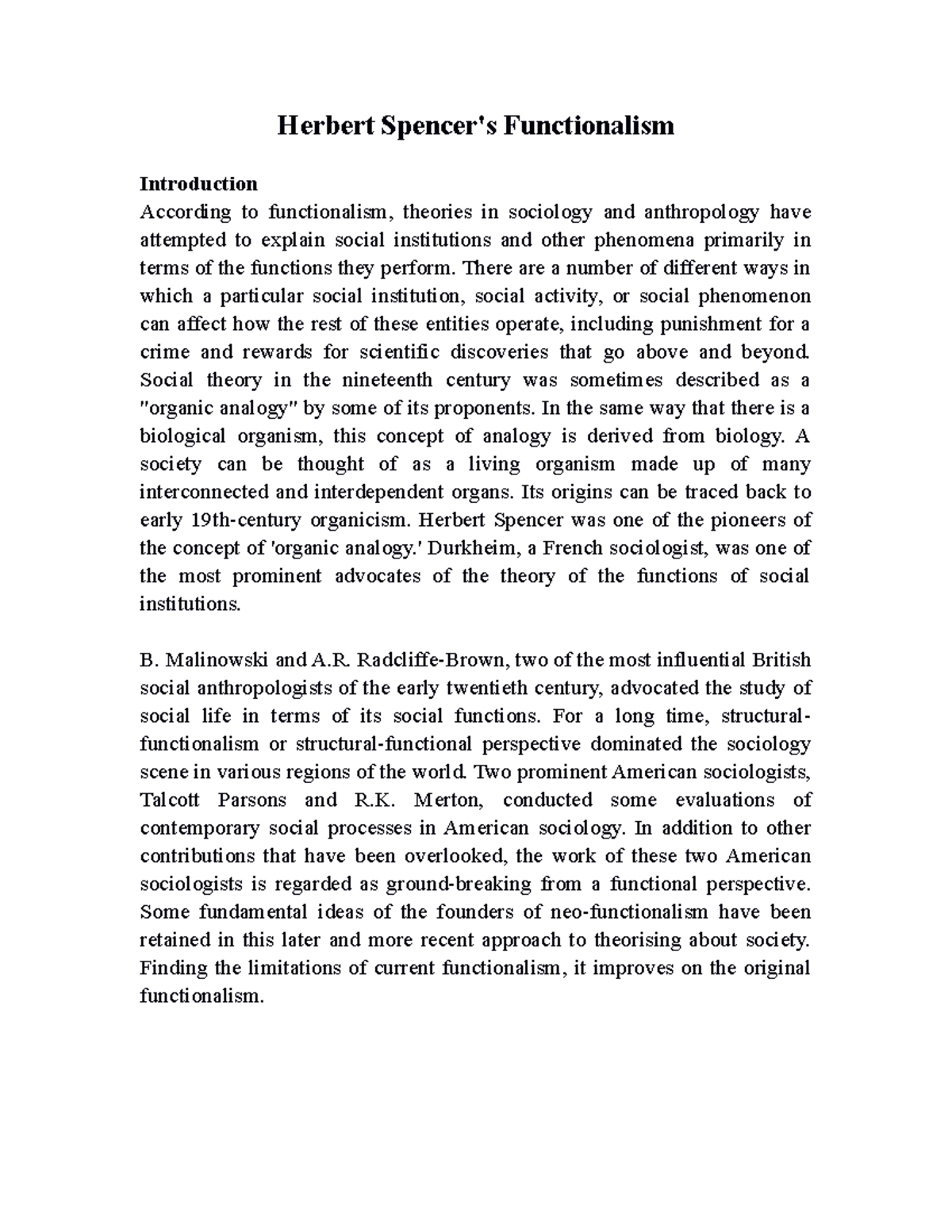 Herbert Spencer's Functionalism - Herbert Spencer's Functionalism ...