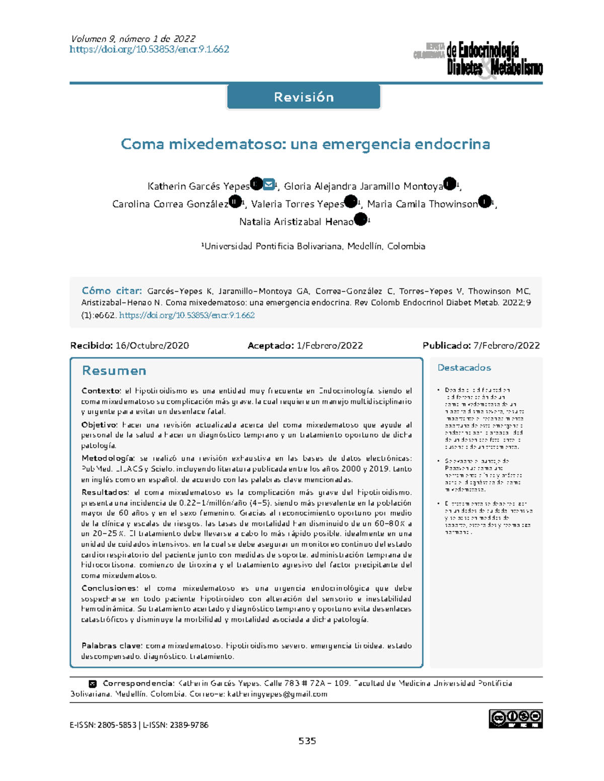 Coma mixedem - Endocrino - Revisión Volumen 9, número 1 de 2022 doi/10. ...