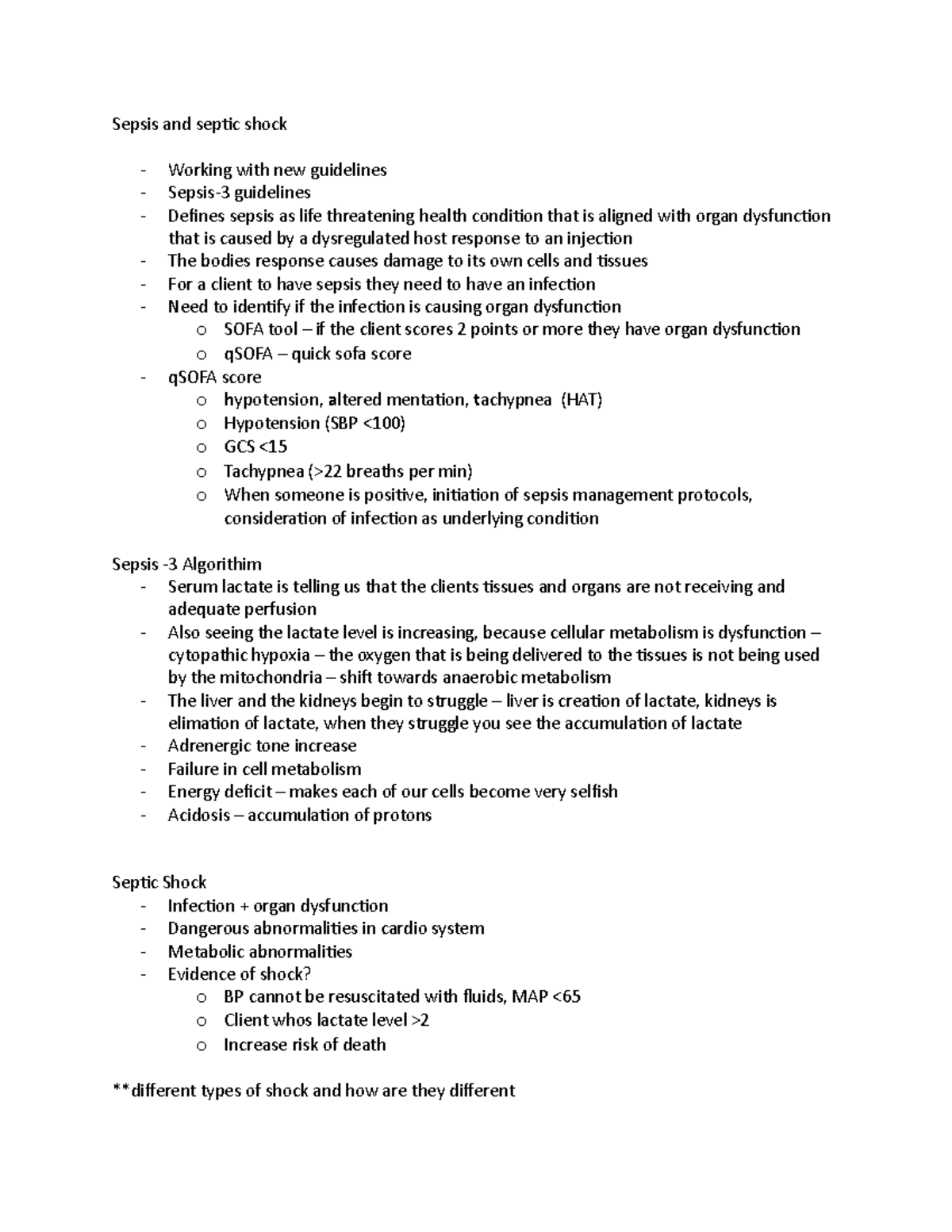 Sepsis and septic shock module notes - HTHSCI 3PA2A - McMaster - Studocu