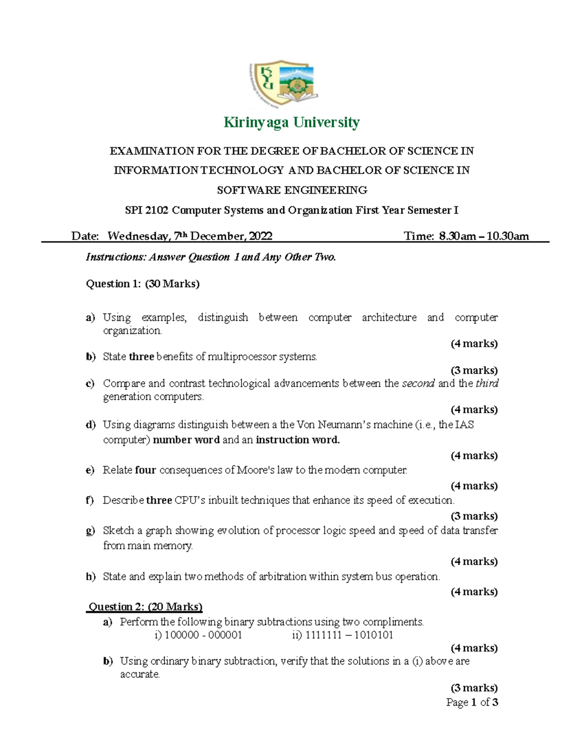 Computer Systems exam paper - Page 1 of 3 Kirinyaga University EXAMINATION FOR THE DEGREE OF ...