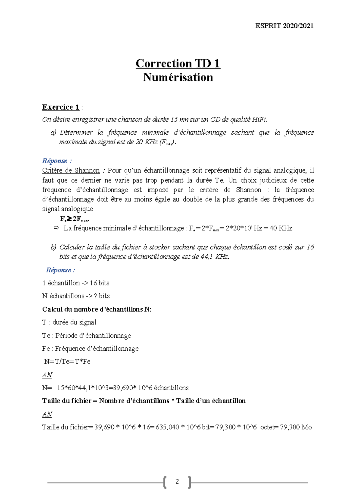 Correction TD1 Partie 1 - Correction TD 1 Numérisation Exercice 1 : On ...