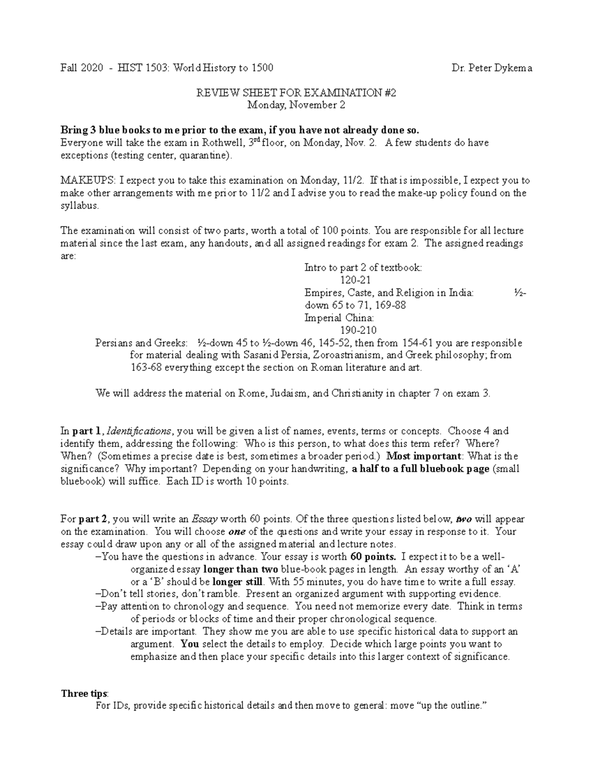 Study guide Two - Fall 2020 - HIST 1503: World History to 1500 Dr ...