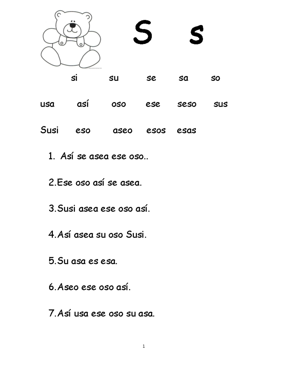 Lectura primero - cuadernillo - si su se sa so usa así oso ese seso sus ...