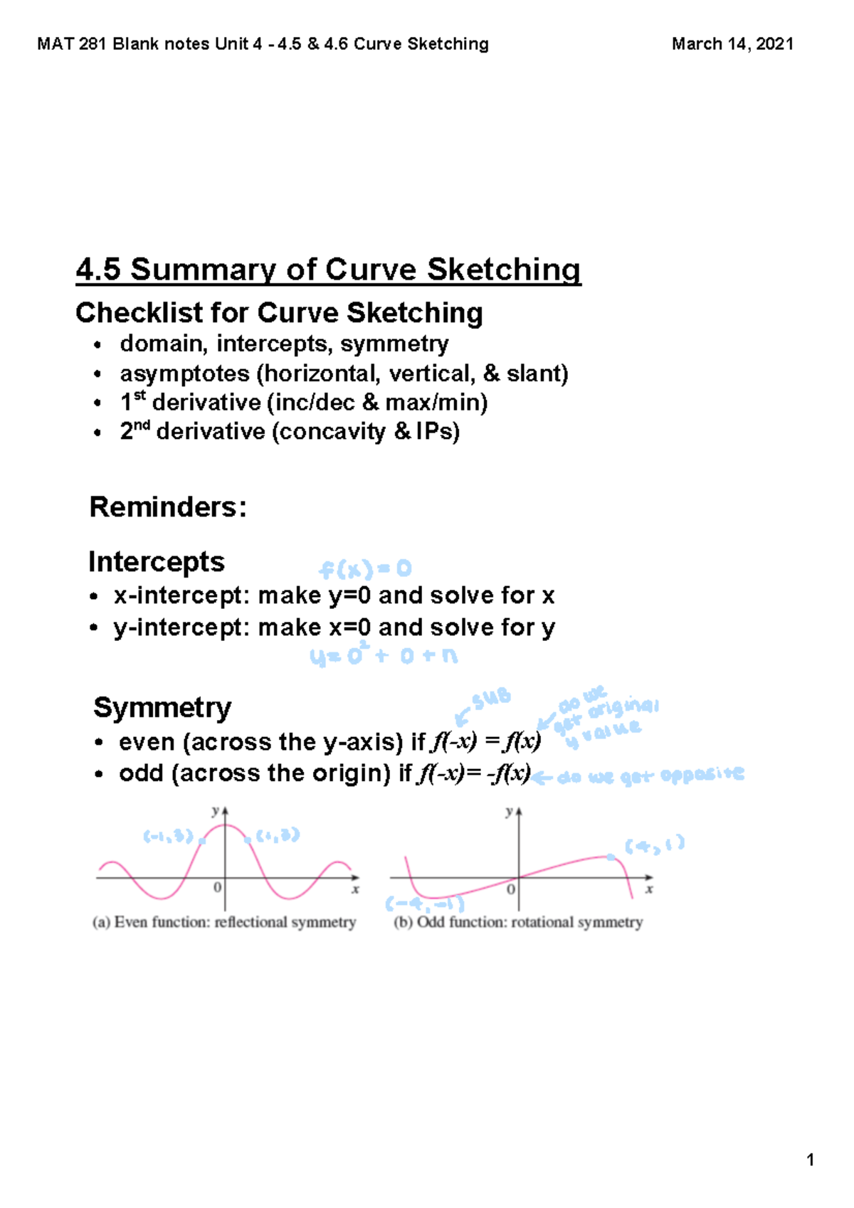 4.5 - 4.6 Curve Sketching - 4 Summary of Curve Sketching domain, intercepts, symmetry - Studocu