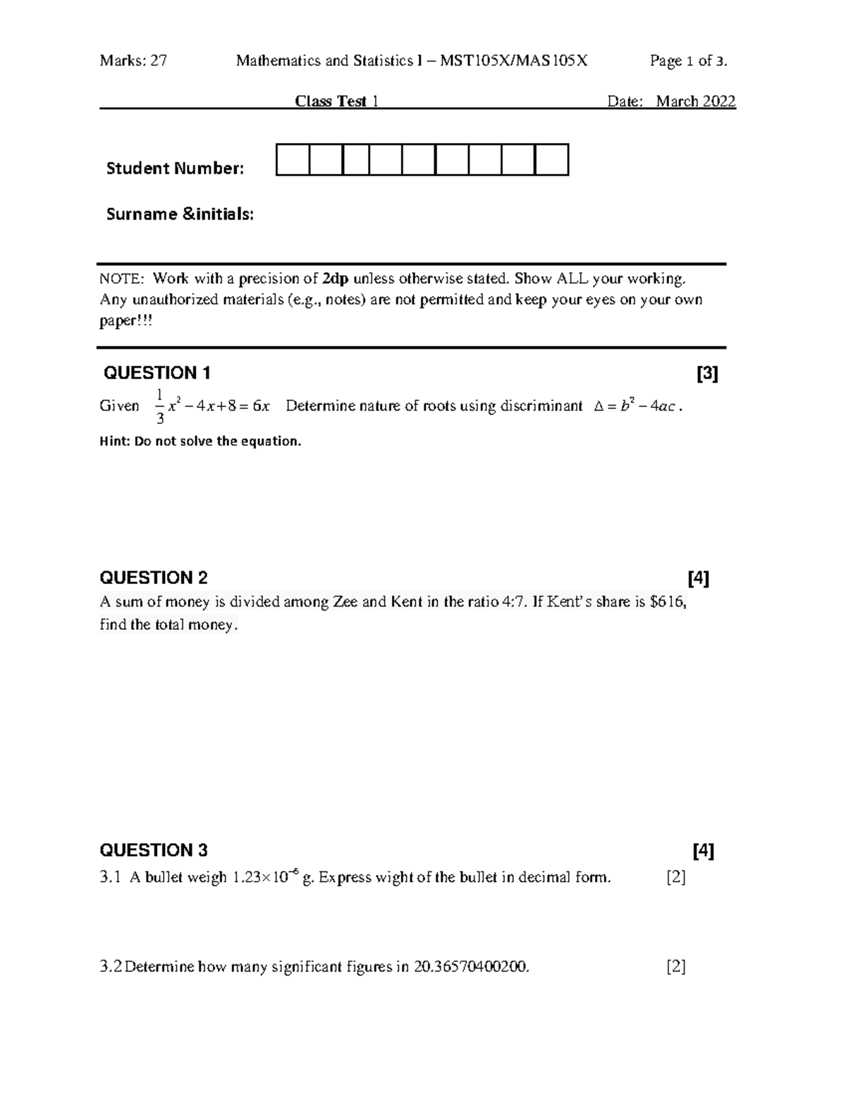 Class test 1 2022 - Marks: 27 Mathematics and Statistics I – MST105X ...