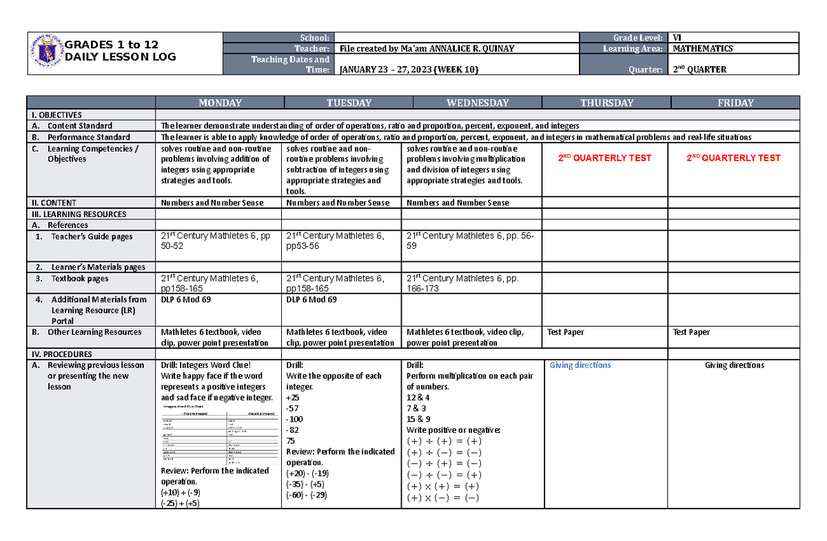 DLL Mathematics 6 Q2 W10 - GRADES 1 to 12 DAILY LESSON LOG School ...