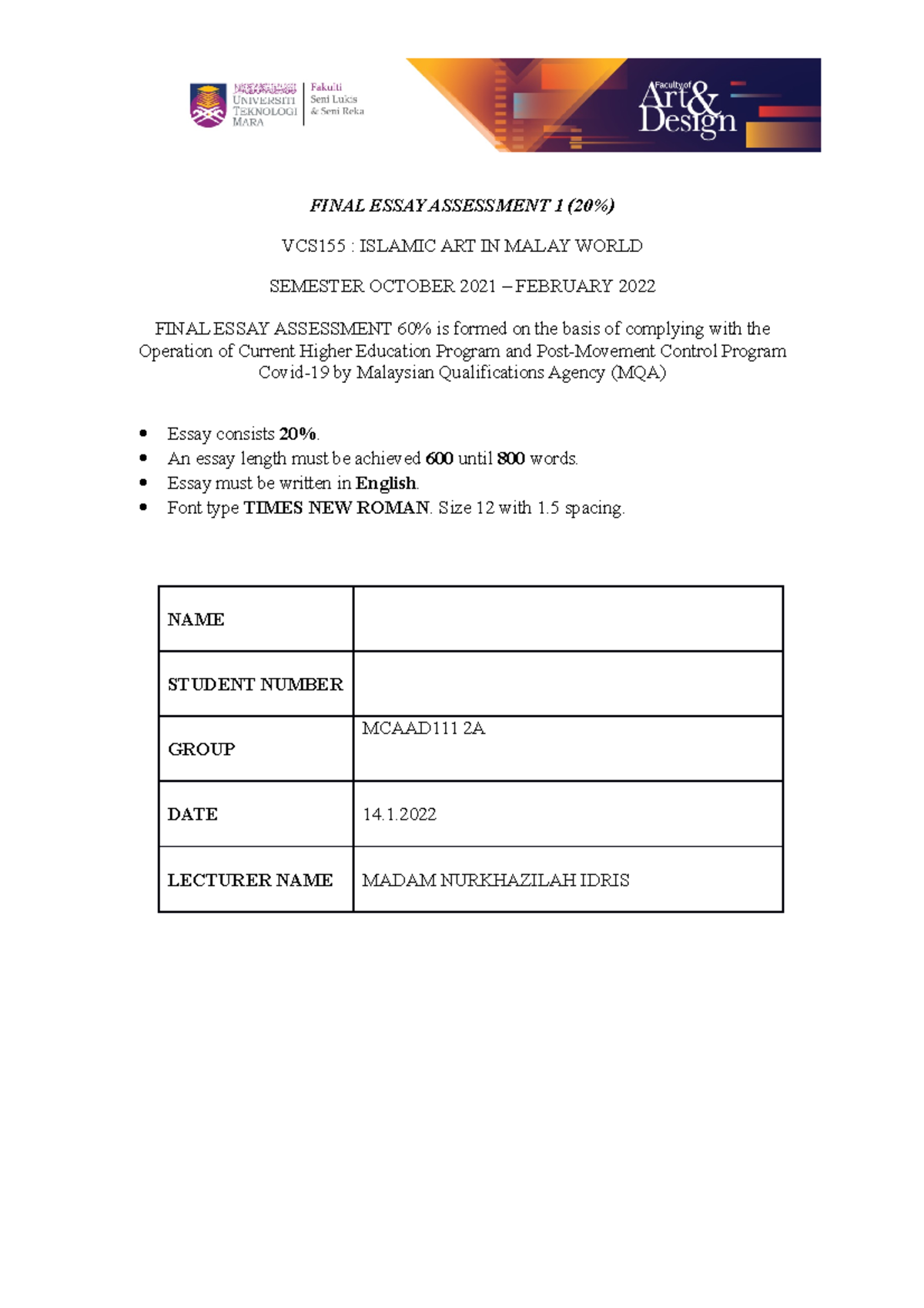 JAN2022 ( Students NAME) Final Essay Assessment Template VCS155 - FINAL ...