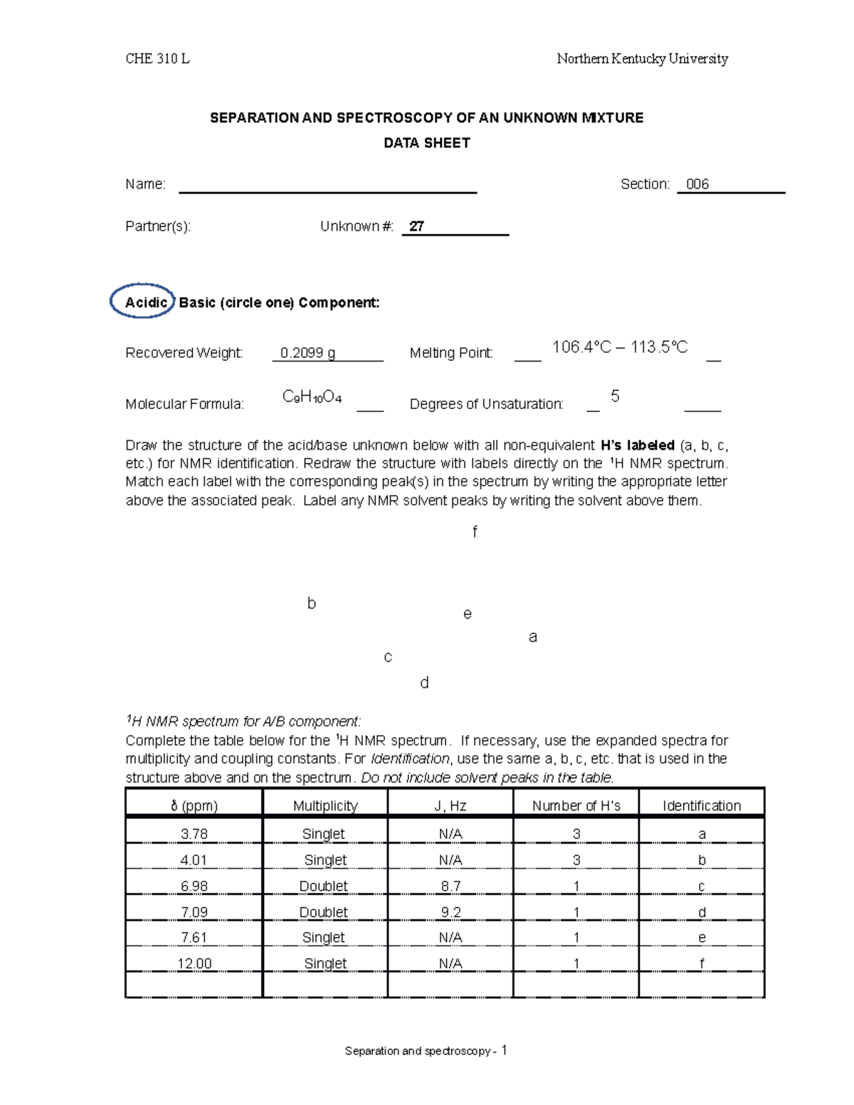 310 10 211sep datasheet and postlab - SEPARATION AND SPECTROSCOPY OF AN UNKNOWN MIXTURE DATA ...