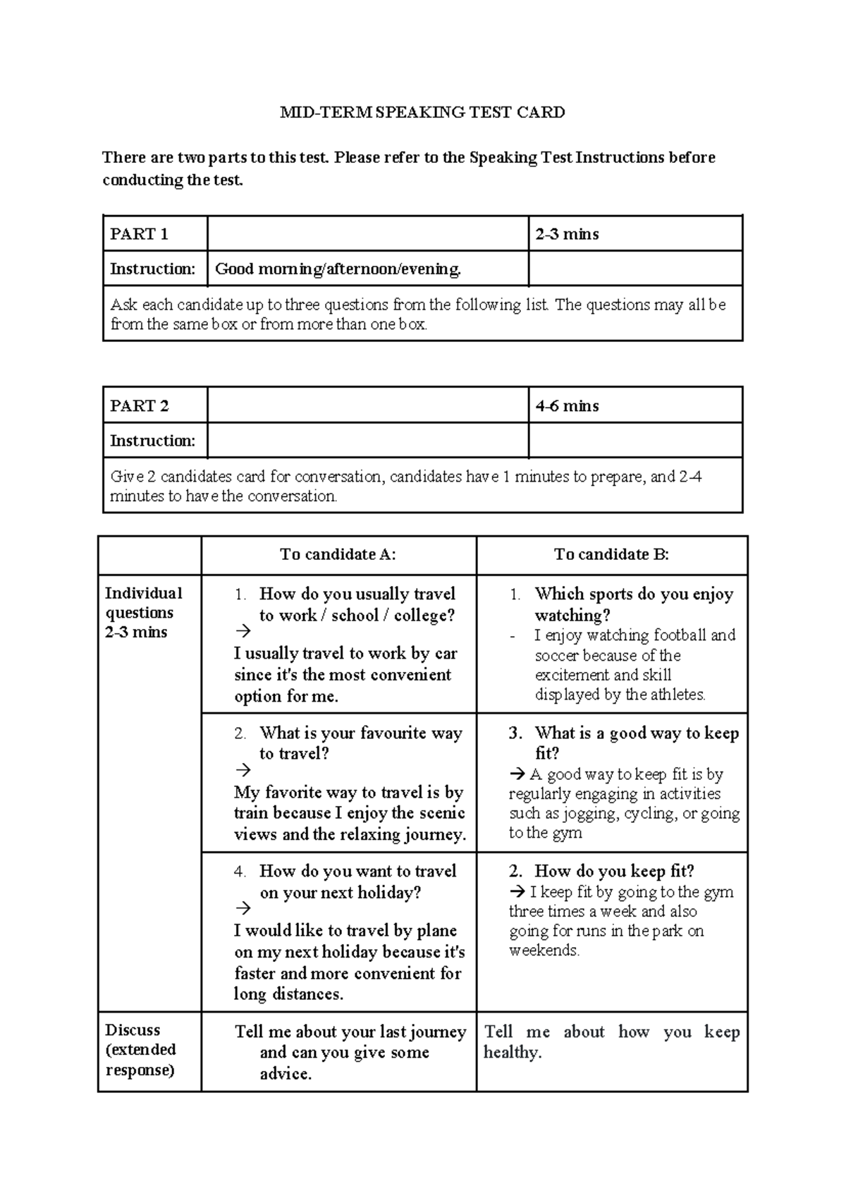 FE4TUNG Midterm Test Speaking - MID-TERM SPEAKING TEST CARD There are ...