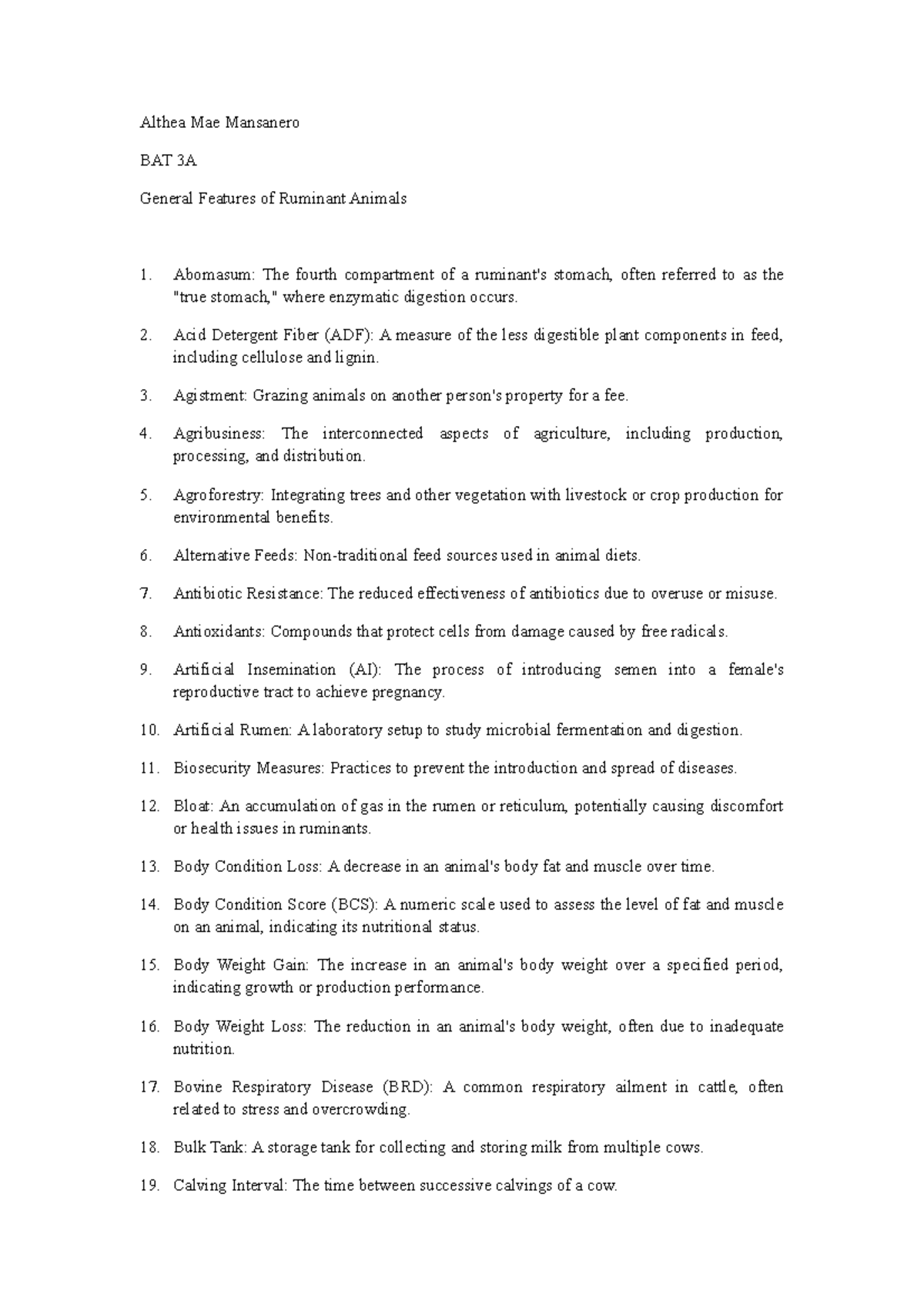 100 Terminologies of Ruminant Animals - Althea Mae Mansanero BAT 3A ...