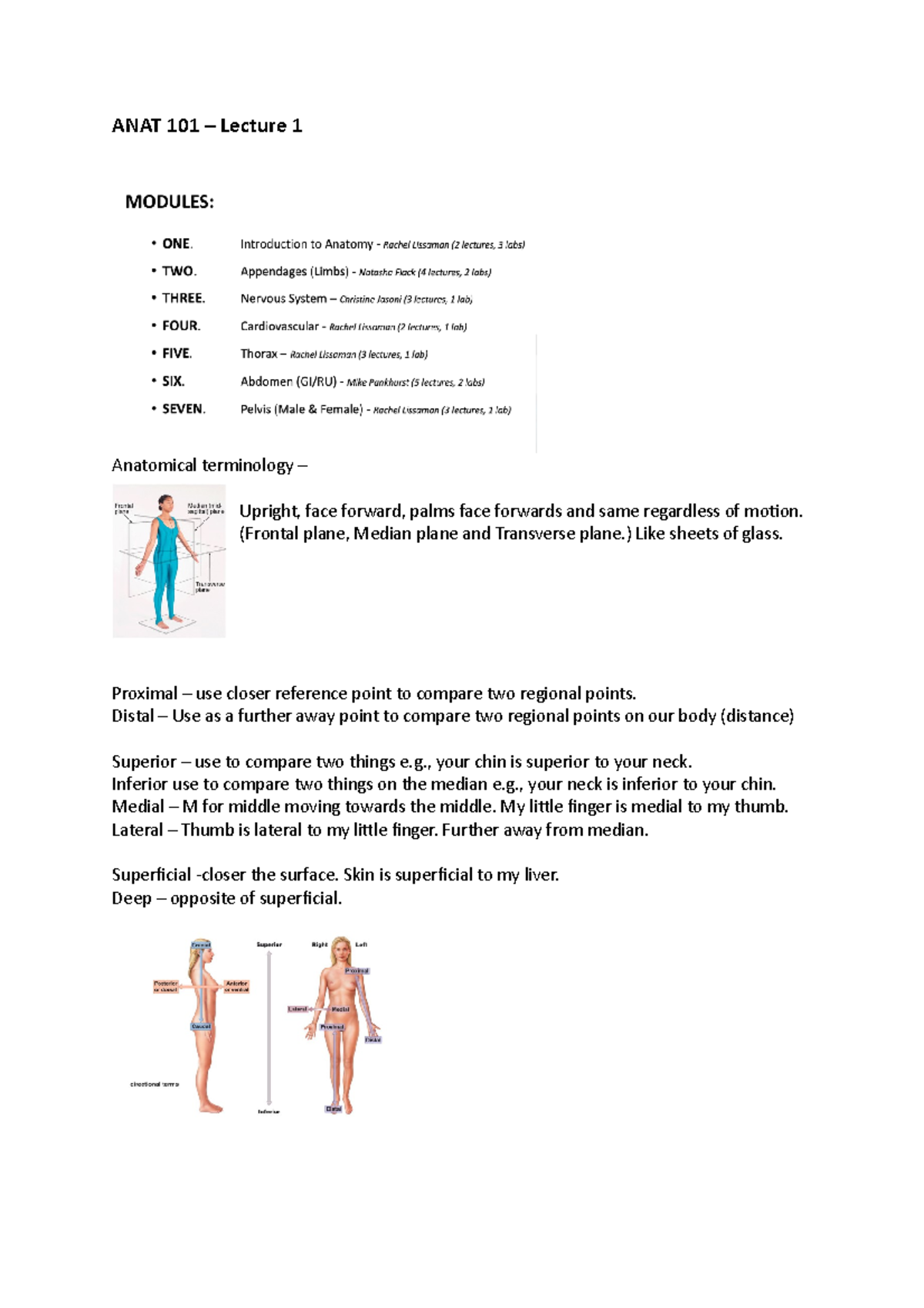 ANAT 101 - lecture 1 notes - ANAT 101 – Lecture 1 Anatomical ...