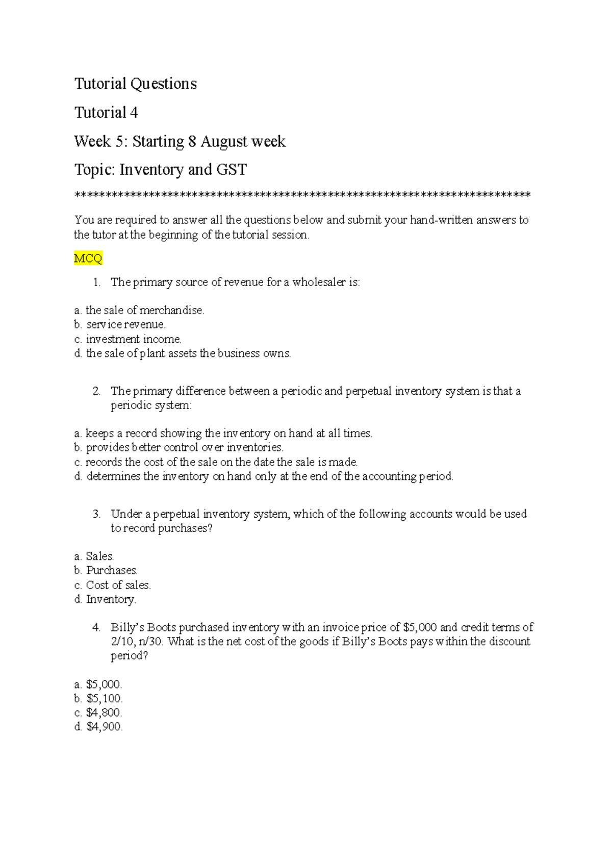 Week 5 Tutroail 4 Template - Tutorial Questions Tutorial 4 Week 5 ...