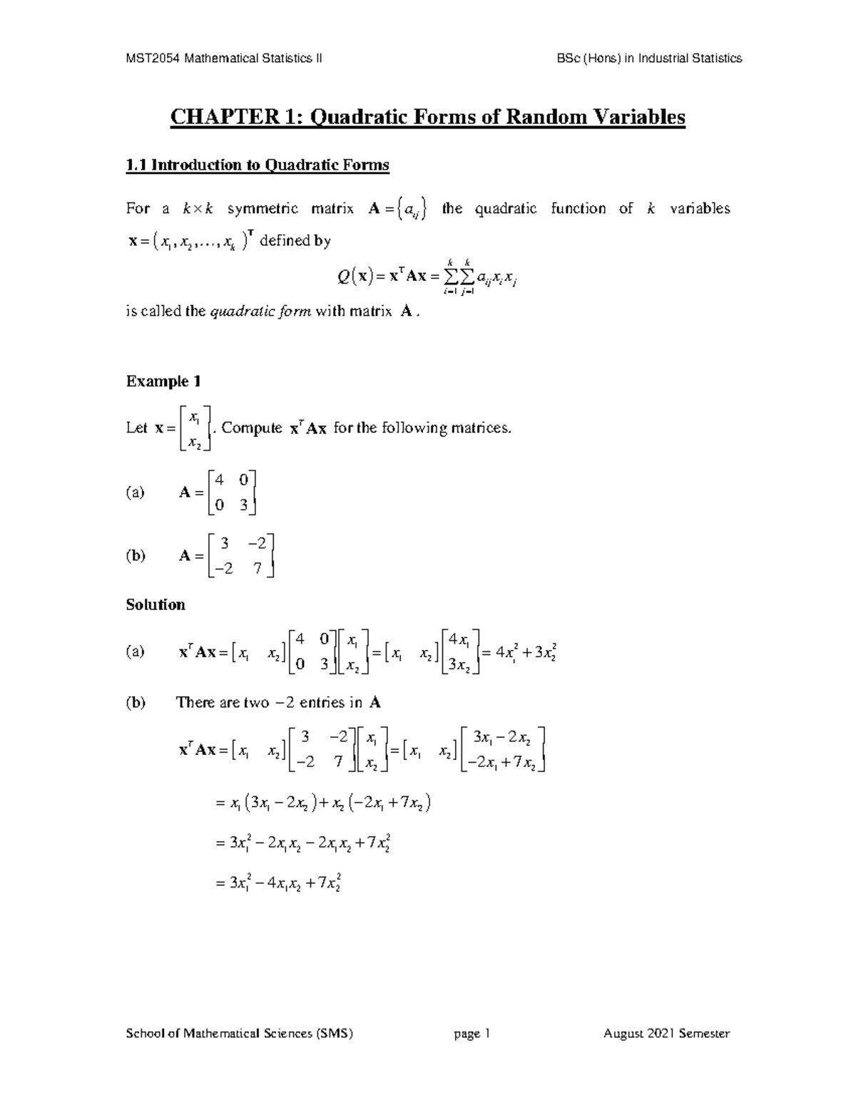 Chapter 1 - CHAPTER 1: Quadratic Forms of Random Variables 1 Introduction to Quadratic Forms For ...