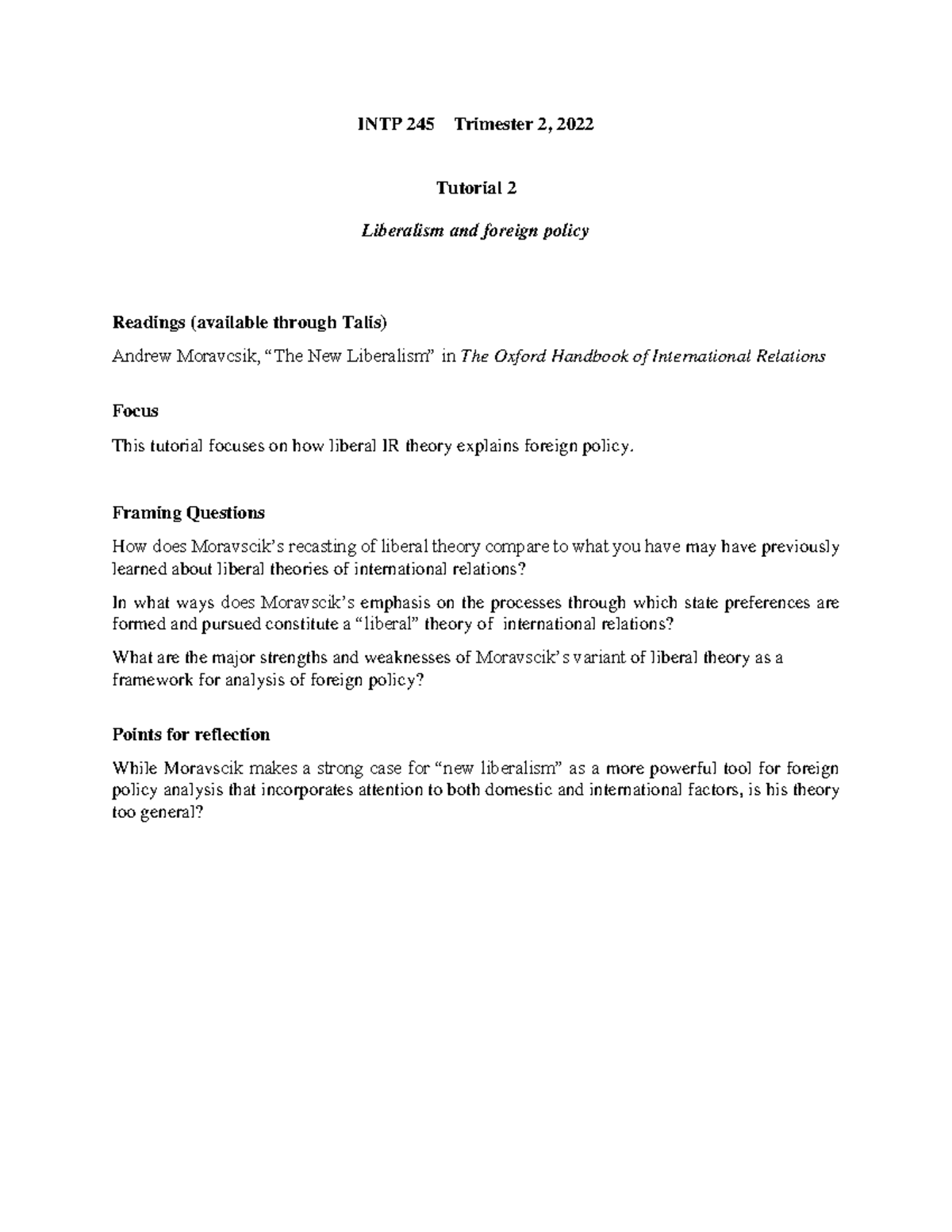 INTP245 Tutorial 2 - INTP 245 Trimester 2 , 20 22 Tutorial 2 Liberalism and foreign policy ...