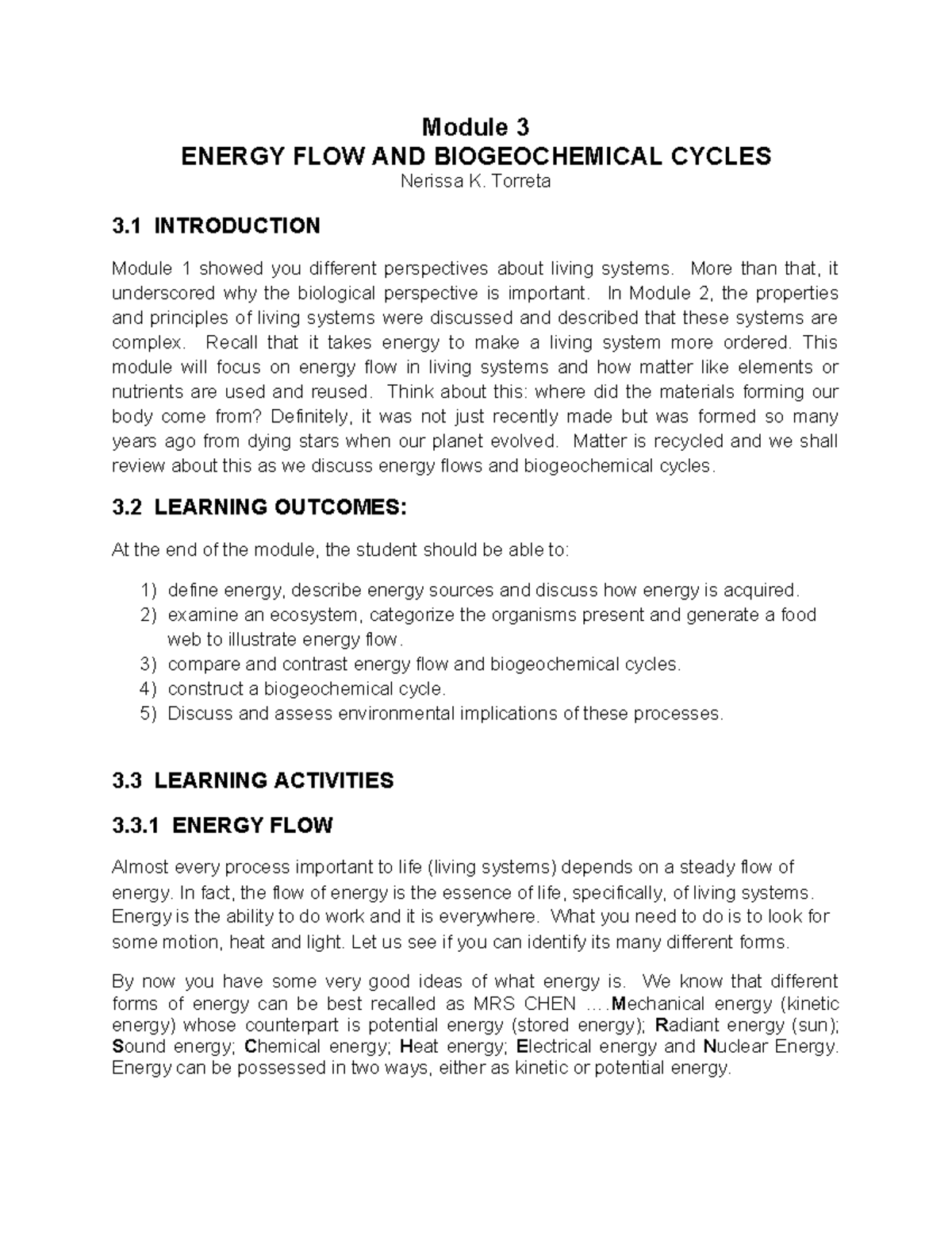 Module 3-Energy Flow and Biogeochemical Cycles - Module 3 ENERGY FLOW ...
