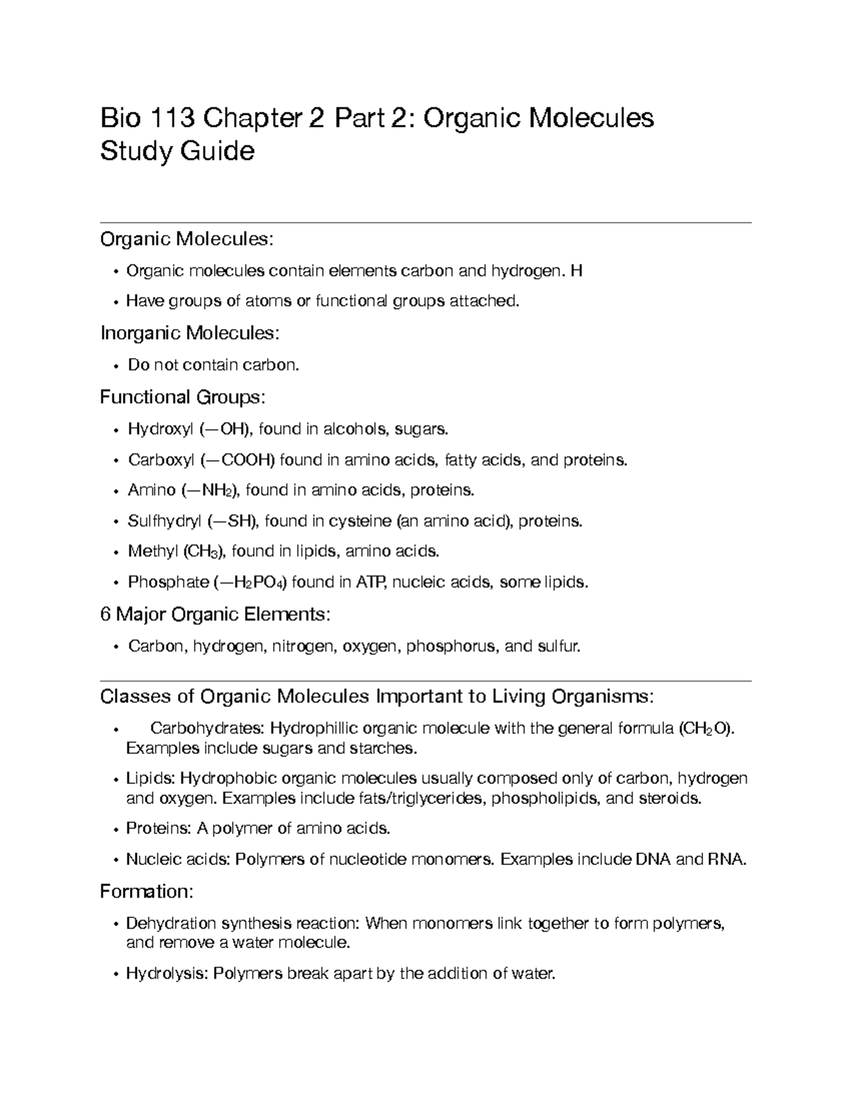 Organic Molecules - Bio 113 Chapter 2 Part 2: Organic Molecules Study ...