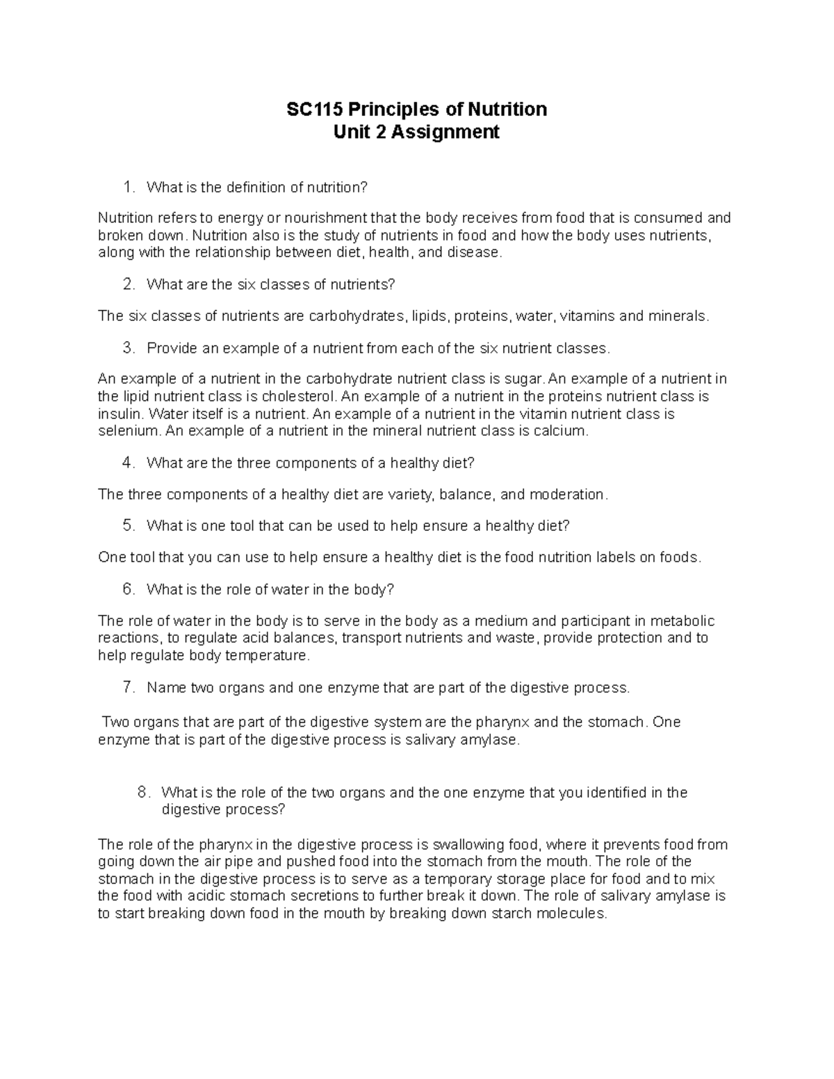 U2 Assignment Nutrition - SC115 Principles of Nutrition Unit 2 ...