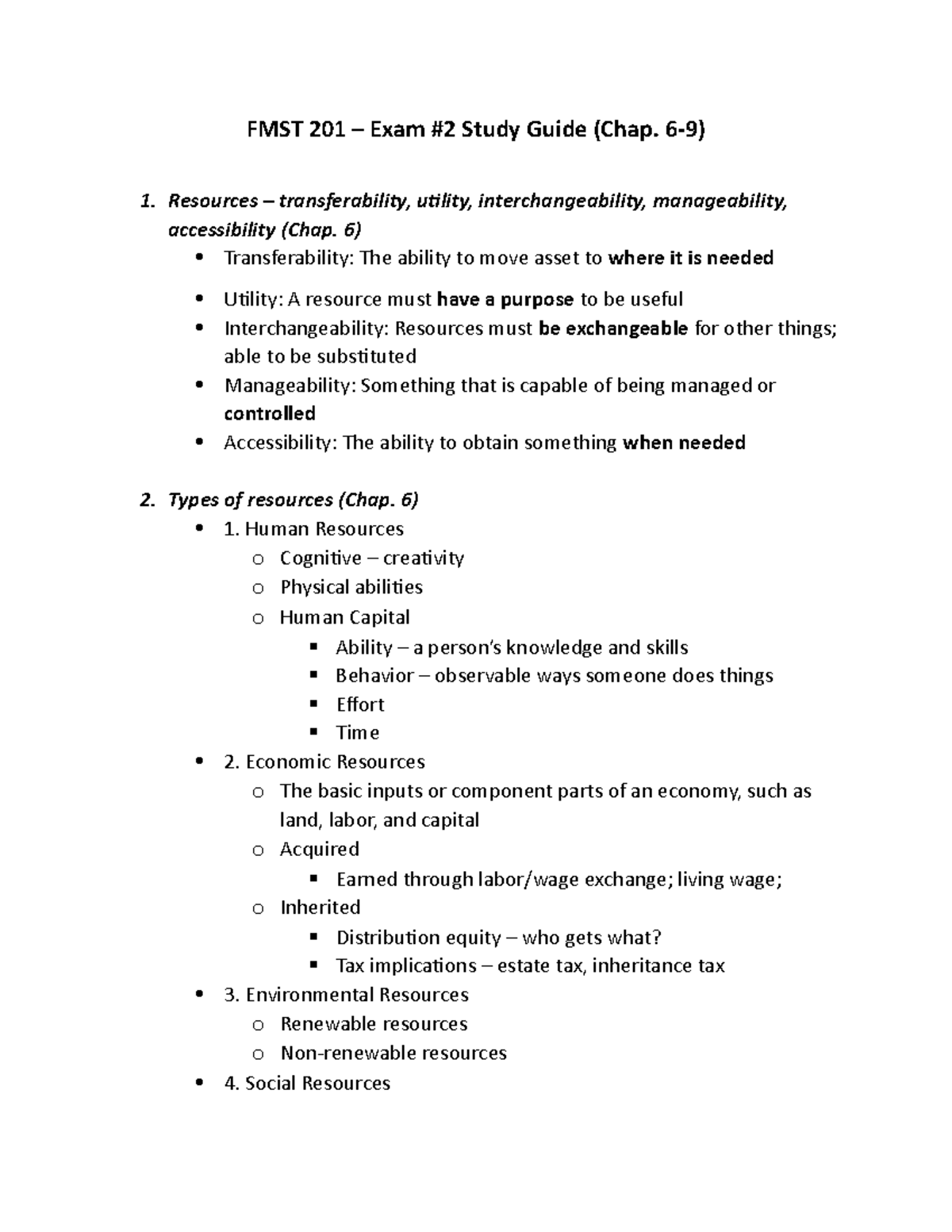 FMST 201 - Exam 2 Study guide - FMST 201 – Exam #2 Study Guide (Chap. 6 ...