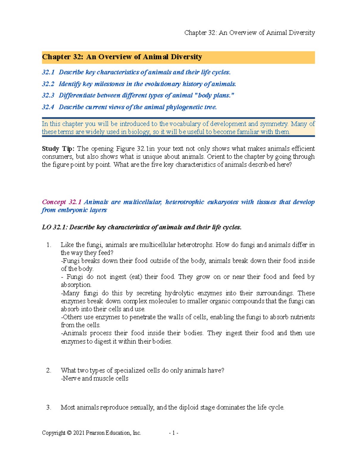 ARG 9 Chapter 32 - Animal Diversity - Chapter 32: An Overview of Animal ...