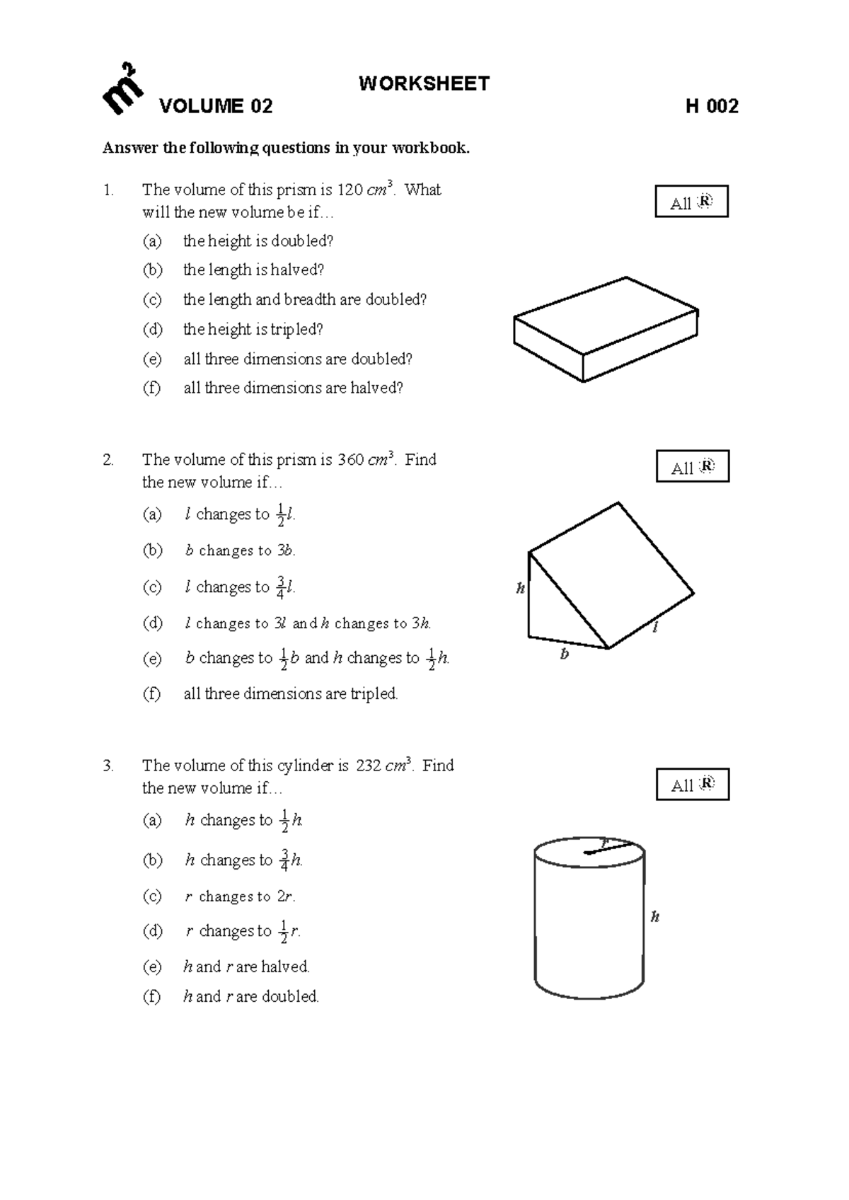 H002 W Volume 2 - Practice Maths - WORKSHEET VOLUME 02 H 002 Answer the ...