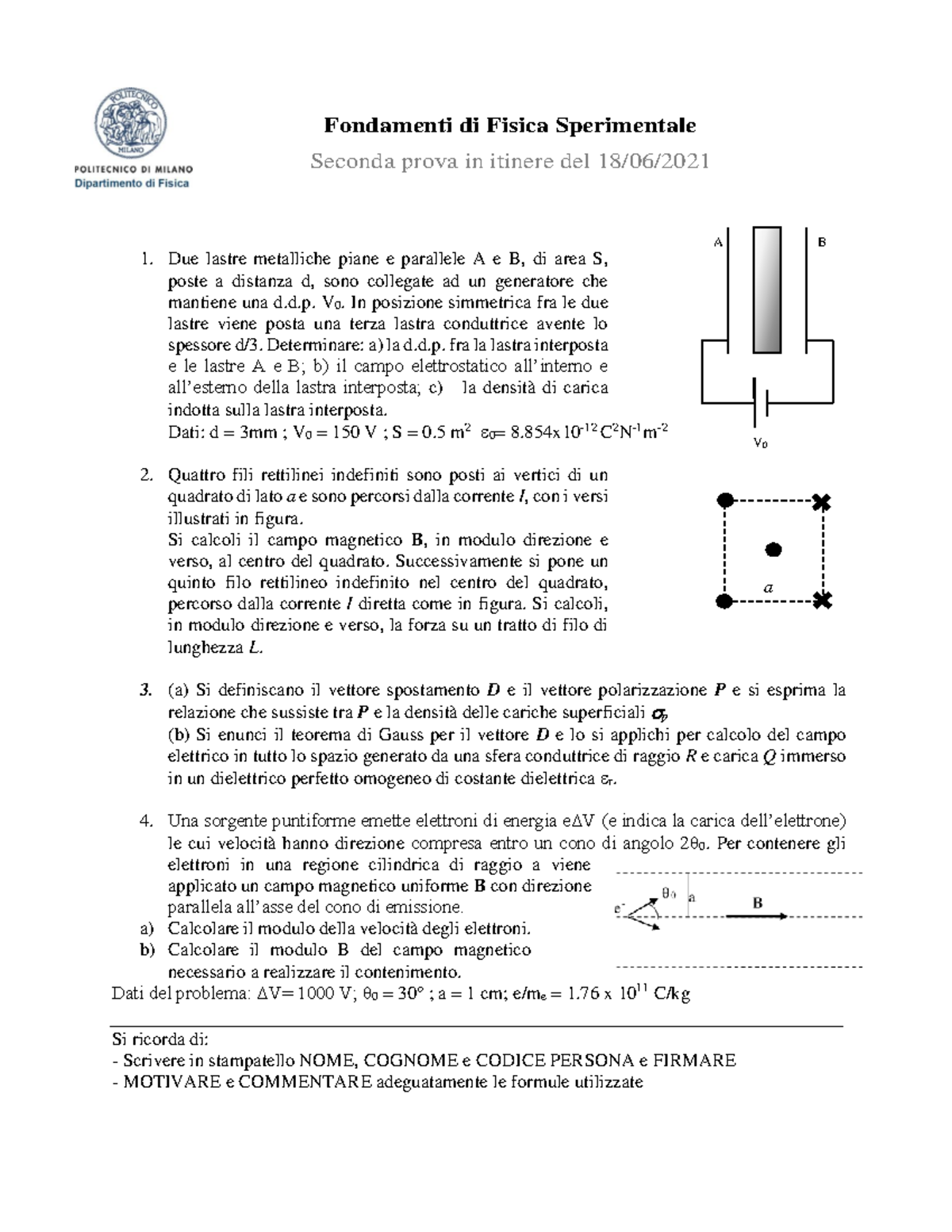 2021 seconda itinere Soluzioni - Fondamenti di Fisica Sperimentale Seconda prova in itinere del ...