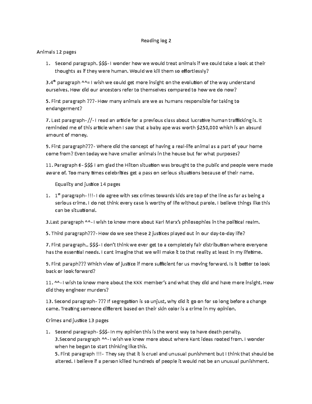 Reading log 2 - notes - Reading log 2 Animals 12 pages Second paragraph ...