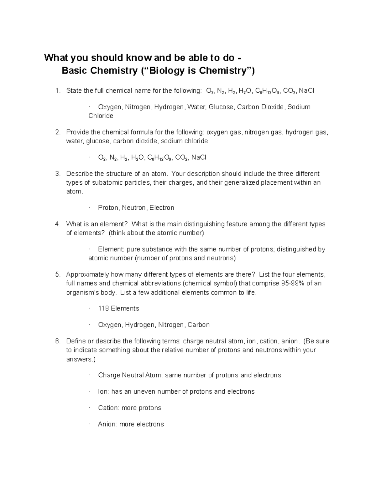 Basic Chemistry Review - What you should know and be able to do - Basic ...