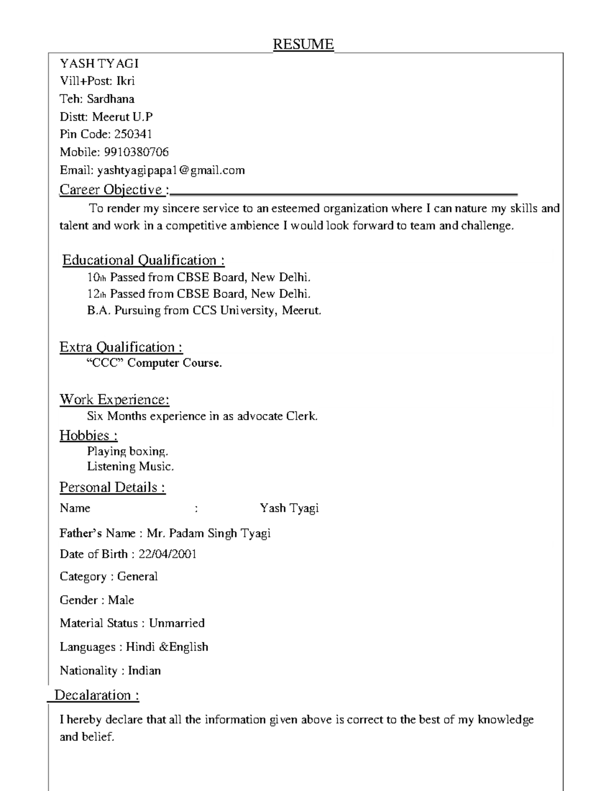 Updated Yash Resume (1) - RESUME YASH TYAGI Vill+Post: Ikri Teh ...