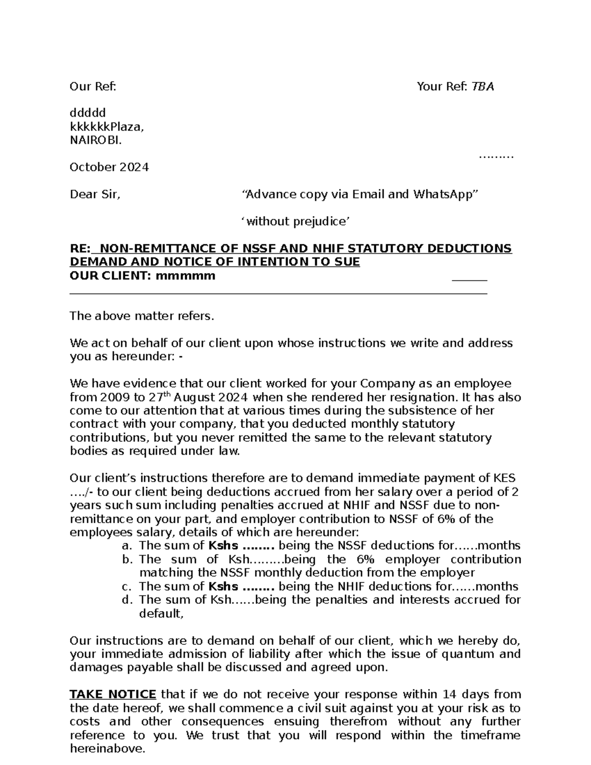Sample Demand Letter - Our Ref: Your Ref: TBA ddddd kkkkkkPlaza ...