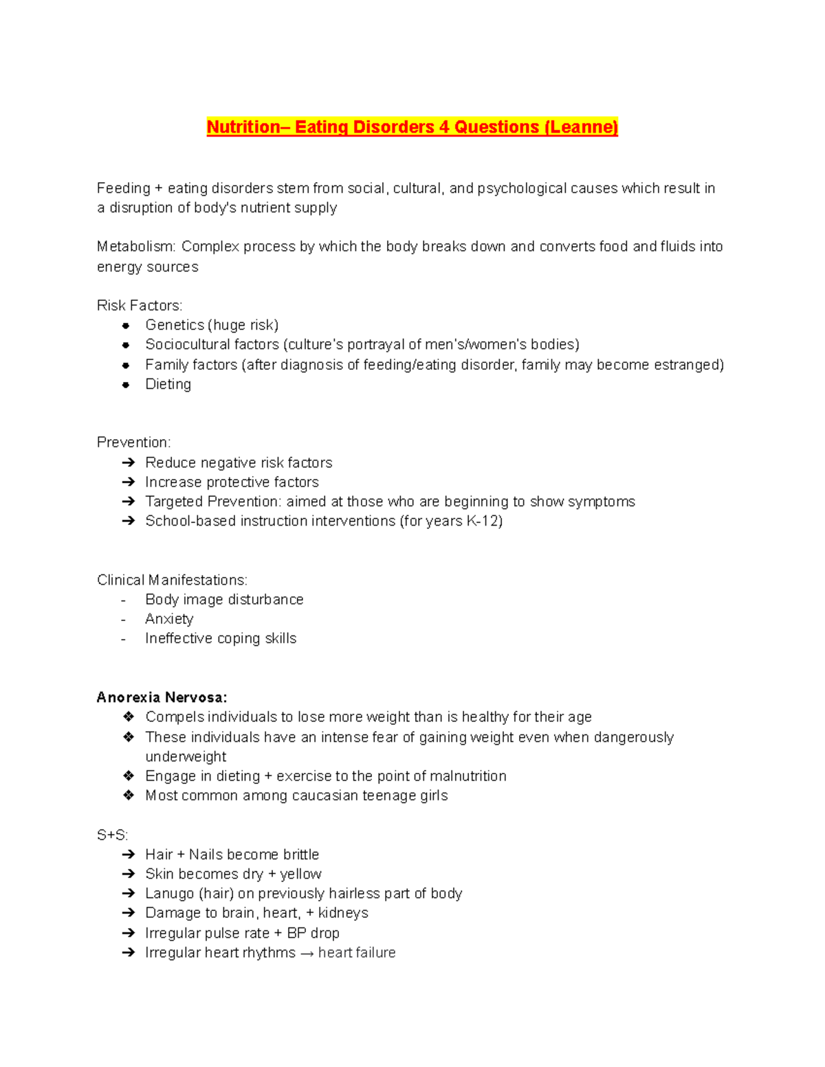 Study Guide Exam 4 S2 - Nutrition– Eating Disorders 4 Questions (Leanne ...