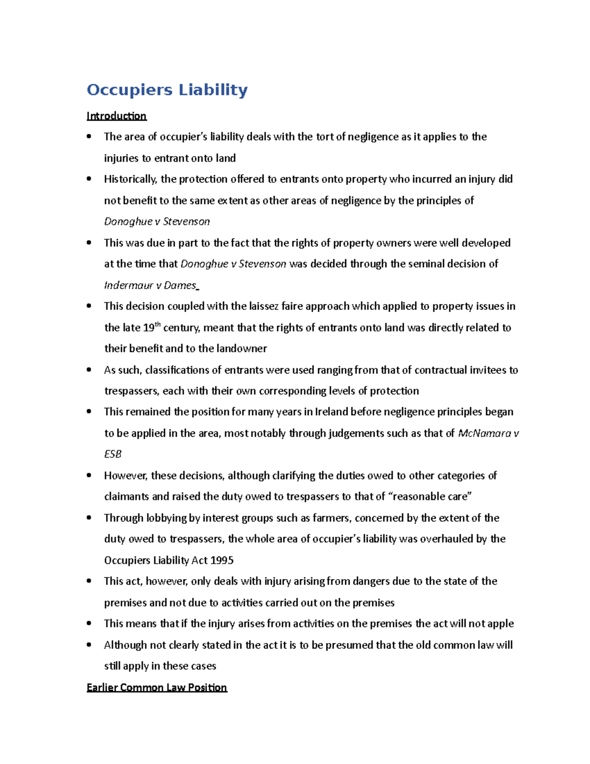 6. Occupiers Liability - Contractual entrants 2. Invitees 3. Licensees ...