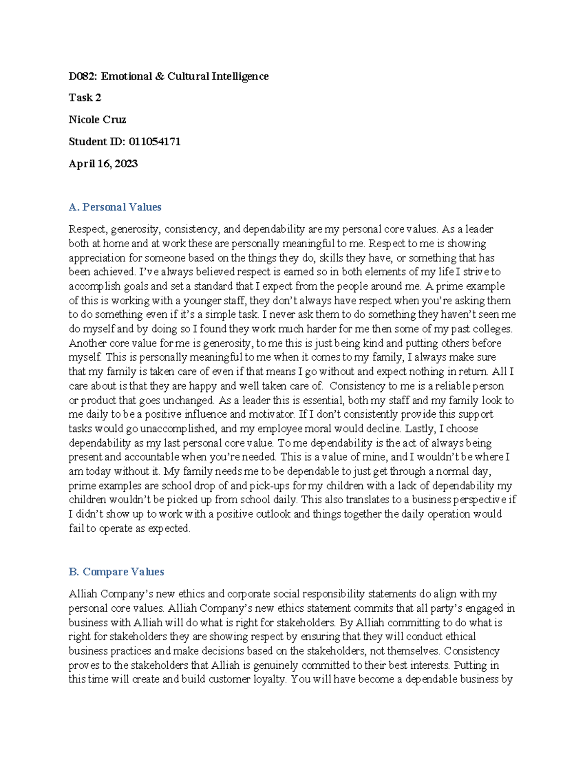 D082 Task 2 - passed - D082: Emotional & Cultural Intelligence Task 2 ...