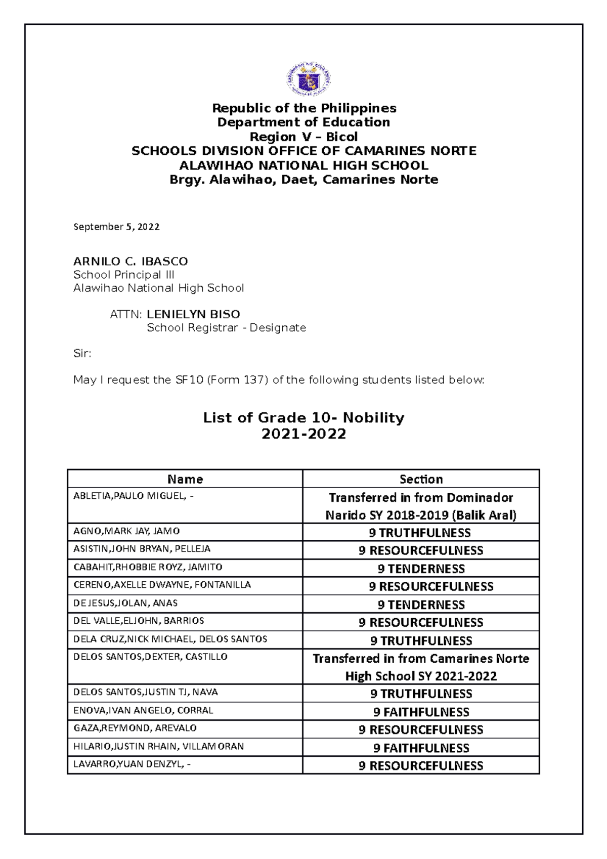 Request form for f137 - Republic of the Philippines Department of ...