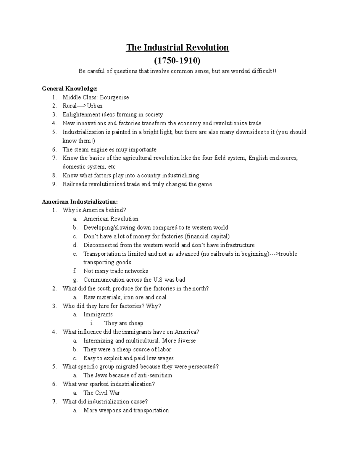 Whap test 2day - unit notes - The Industrial Revolution (1750-1910) Be ...