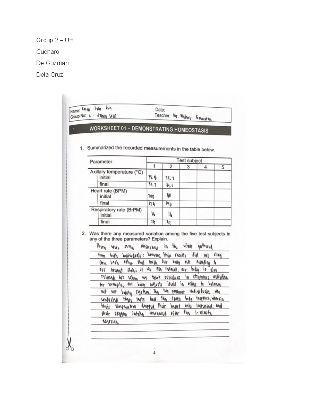 Worksheet no. 1 and 3 - Demonstrating Homeostasis and Sensory and Motor ...