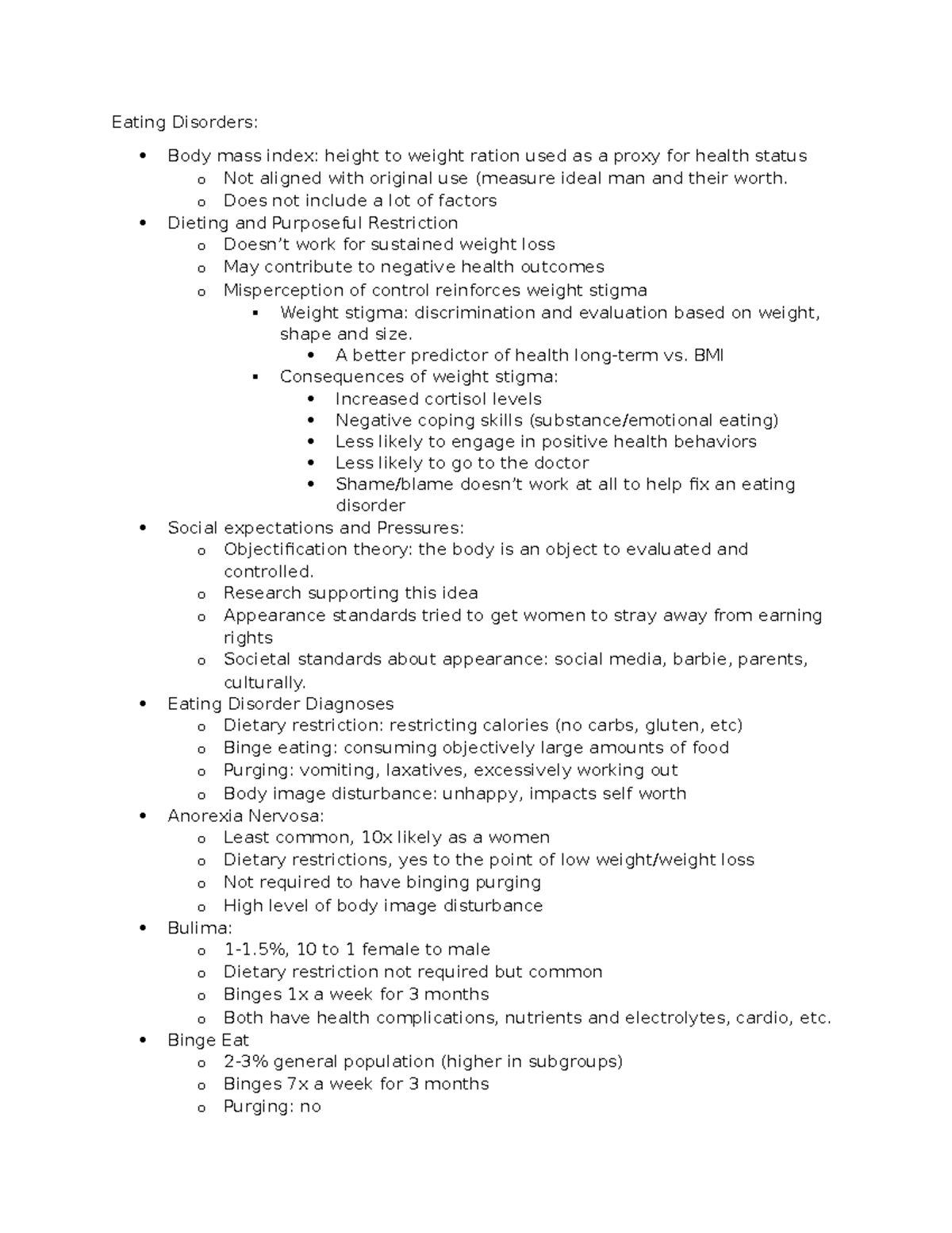 Abnormal Psy Notes - Eating Disorders: Body mass index: height to ...