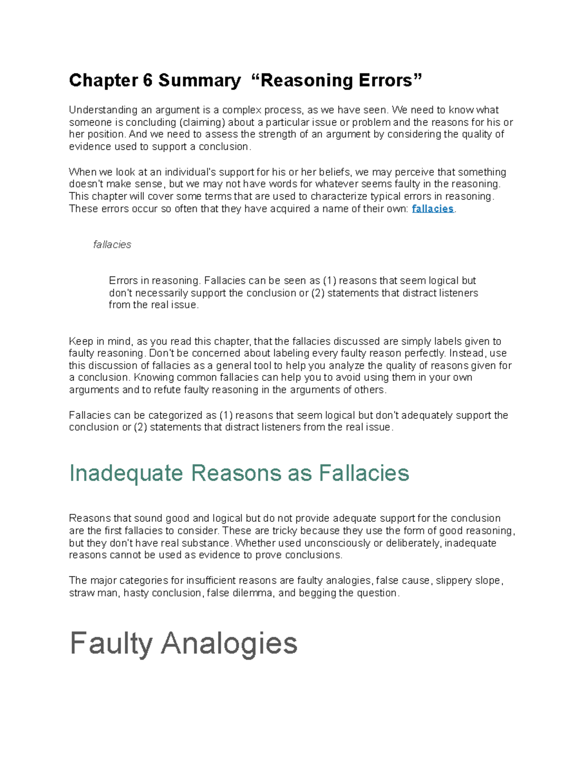 HU345 Chapter 6 Summary - Chapter 6 Summary “Reasoning Errors” Understanding an argument is a ...
