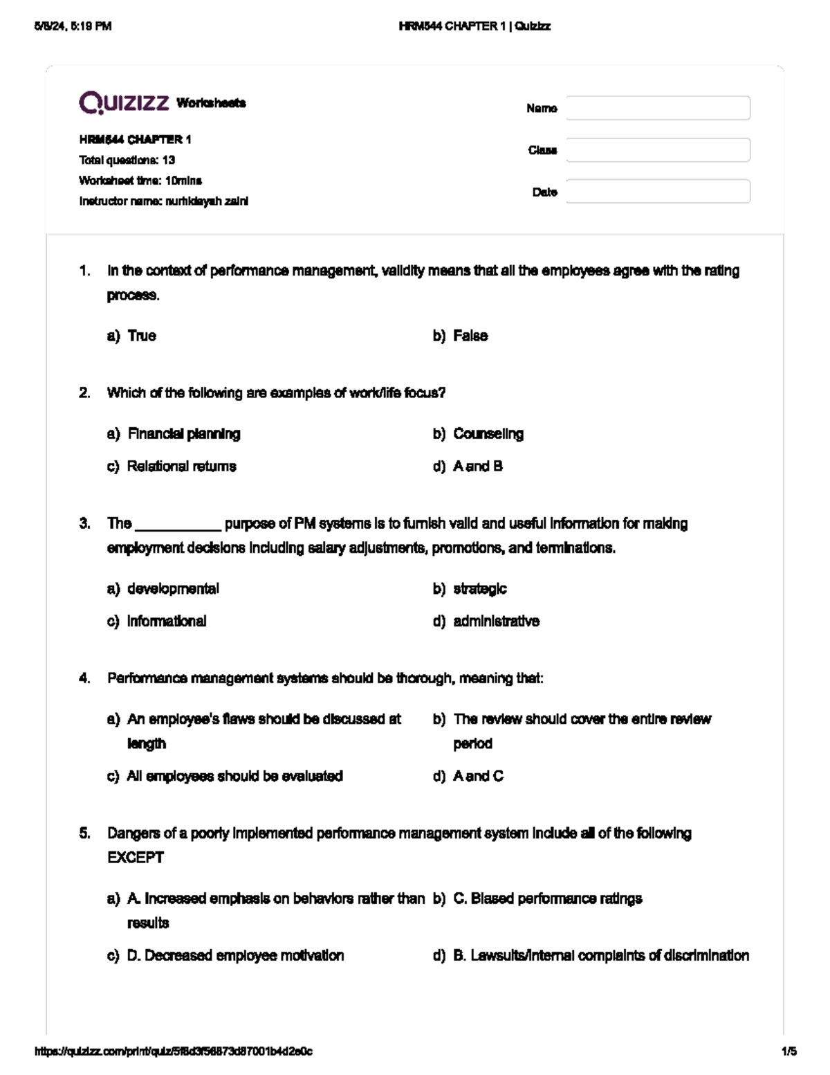 Quiz cp1 - Universiti Teknologi MARA - Edit Course Performance Management (HRM 544) - Edit - Studocu