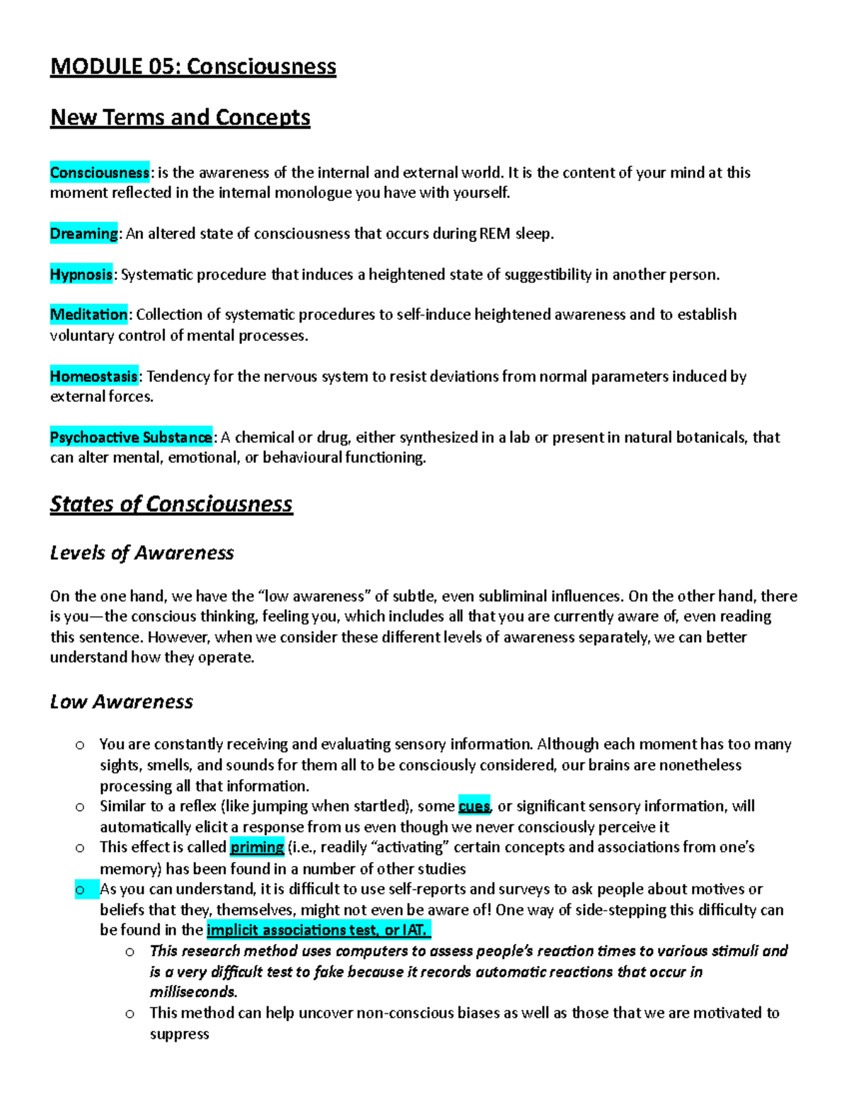 Week 5 module 5 consciousness - MODULE 05: Consciousness New Terms and ...