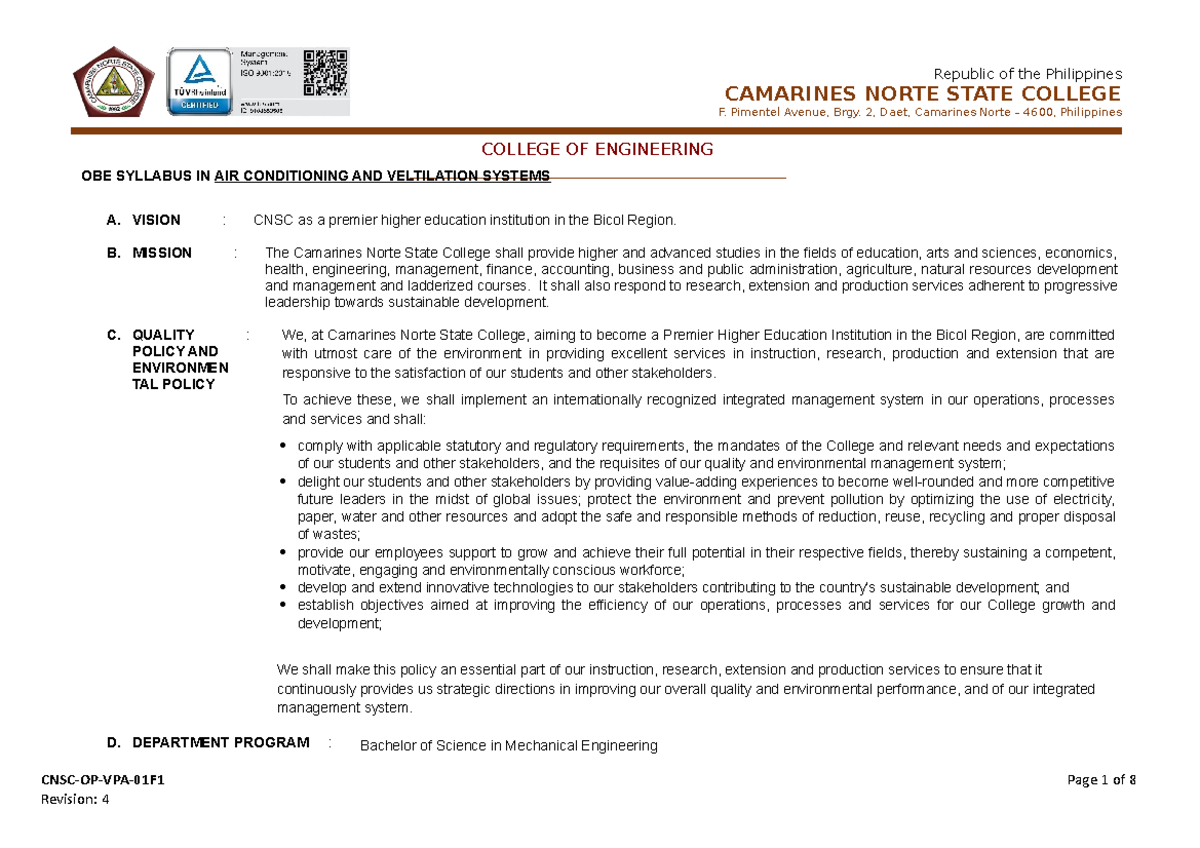 CNSC OP VPA 01F1 ME 126 Syllabus - CAMARINES NORTE STATE COLLEGE F ...