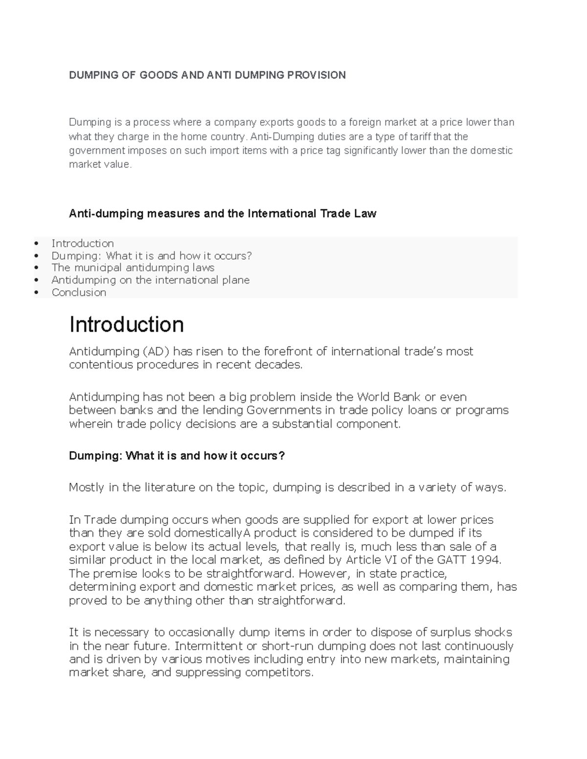 Dumping AND ANTI Dumping Provision - DUMPING OF GOODS AND ANTI DUMPING ...