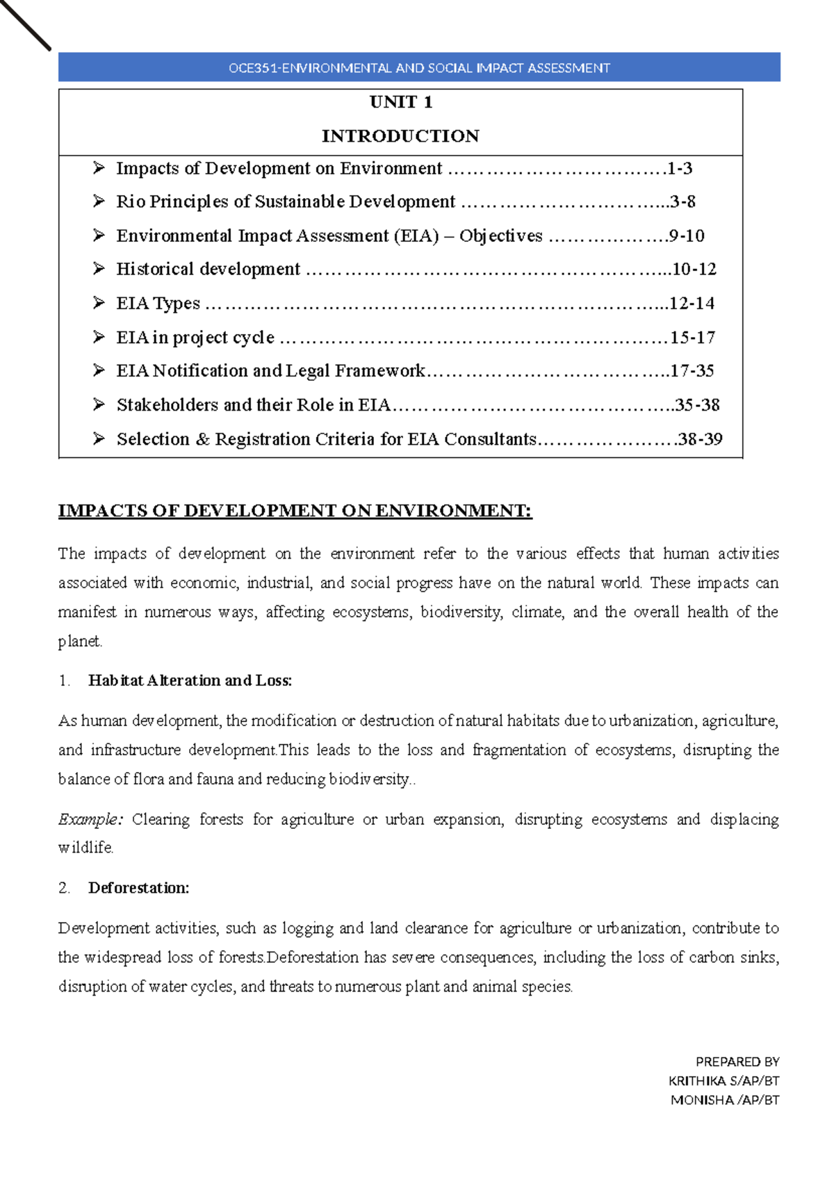 ESIA ( Environment And Social Impact Assessment) UNIT 1 - UNIT 1 INTRODUCTION Impacts of - Studocu