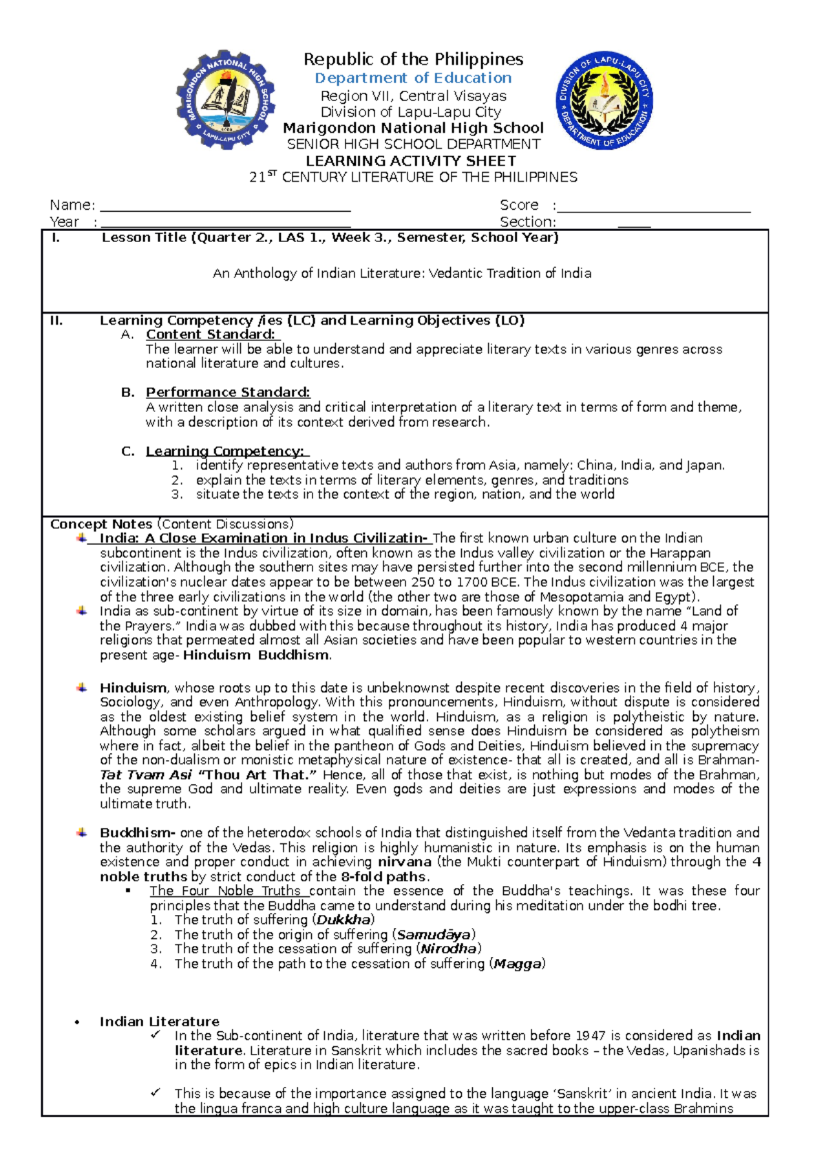 LAS Q2 L1 W3-4 Indian Literature - Republic of the Philippines Department of Education Region ...