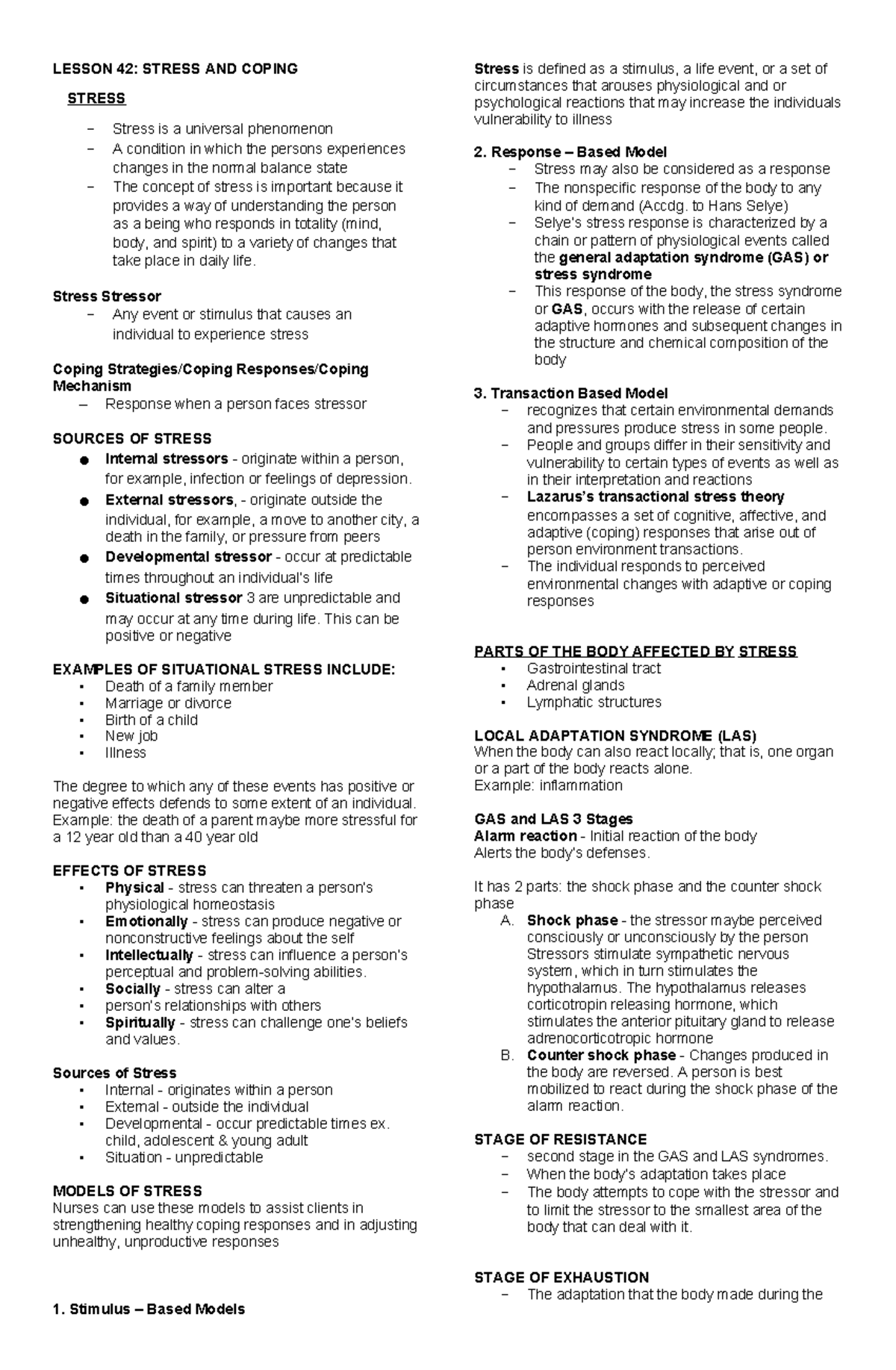 Chapter 42 Stress AND Coping - LESSON 42: STRESS AND COPING STRESS ...