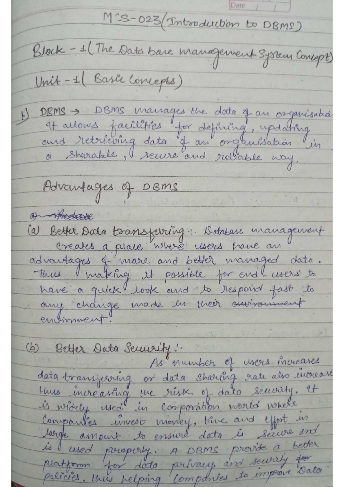 Mcs 023 Quick Notes Date 023 Introduction To Dbms Block 1 The Data Base Management System
