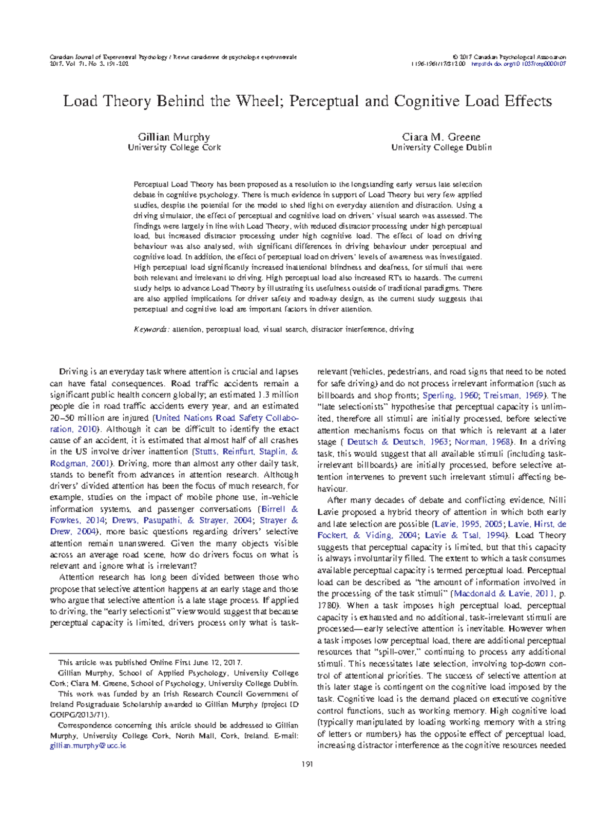 Load Theory Behind the Wheel; Perceptual and Cognitive Load Effects ...