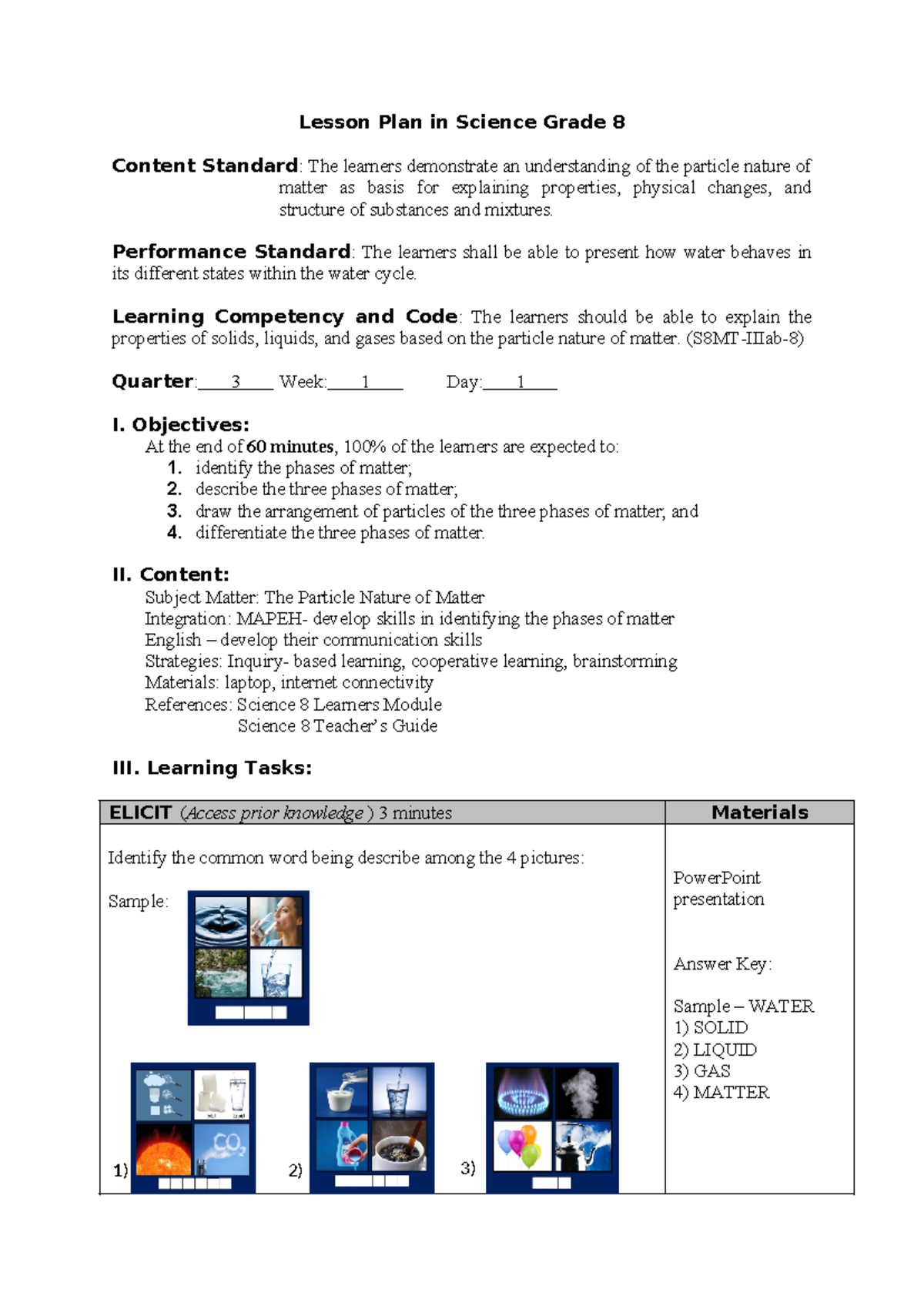 Labitad COT2 Q3 - Solid, Liquid, Gas - Lesson Plan in Science Grade 8 ...