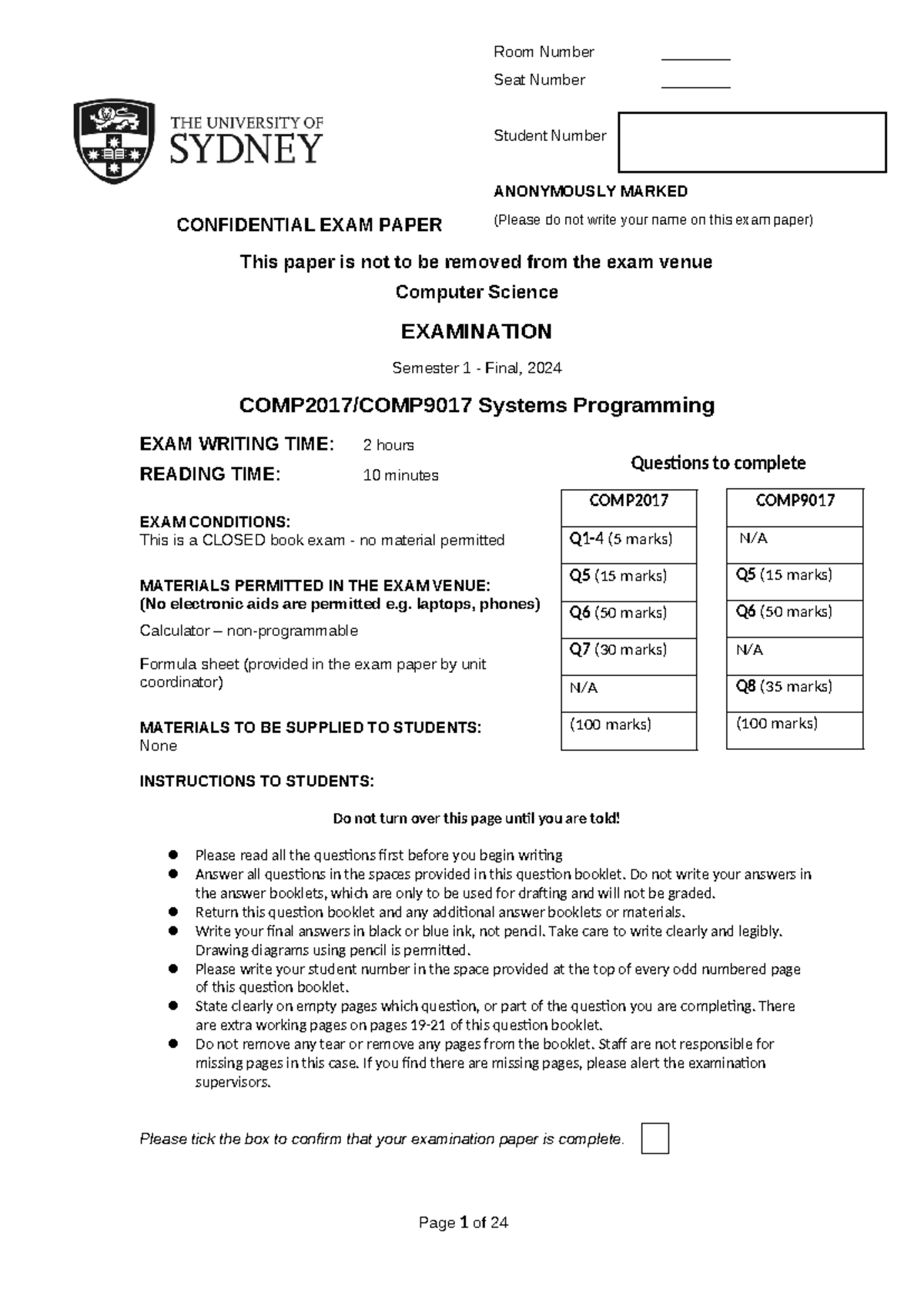 Examination front page - CONFIDENTIAL EXAM PAPER This paper is not to ...