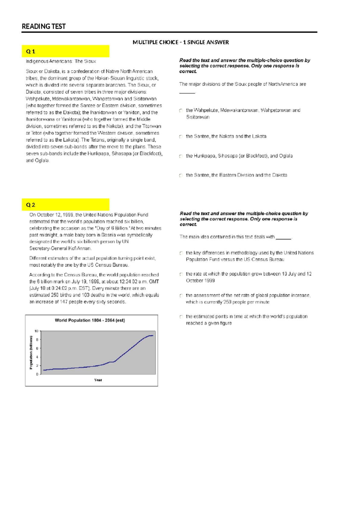 Reading TEST - MC 1A - READING TEST MULTIPLE CHOICE - 1 SINGLE ANSWER Q ...
